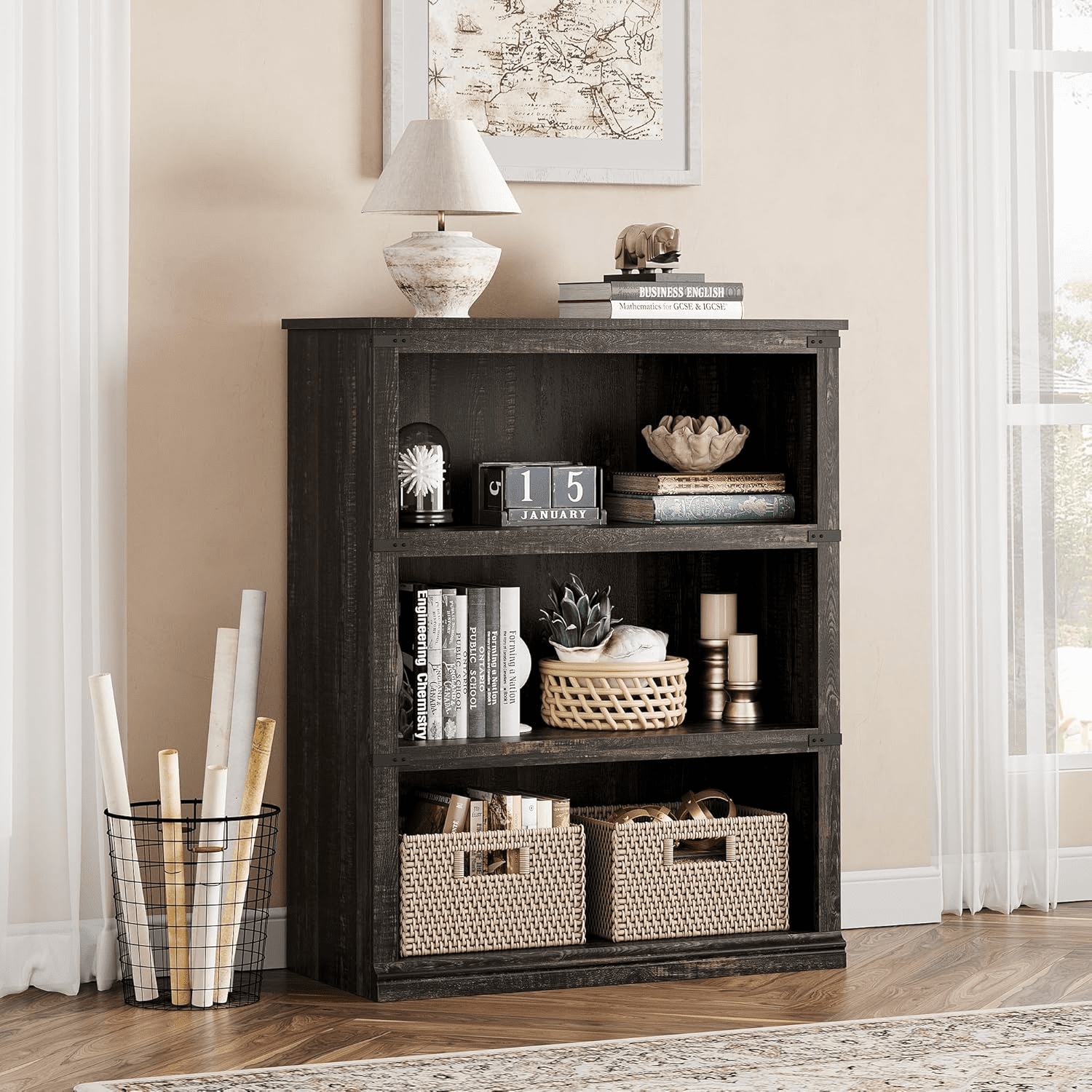 5 Tier Bookcase Farmhouse Book Shelf with Storage 67.4 Inch Tall Open ...