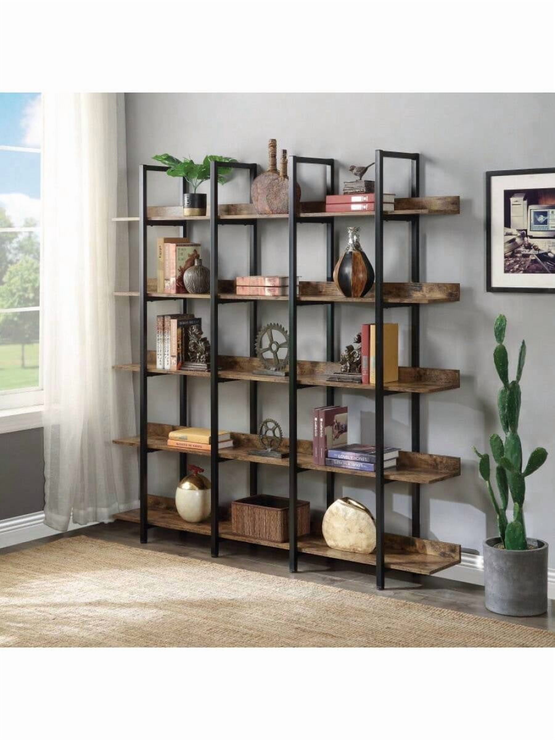 5 Tier Bookcase Home Office Open Bookshelf, Vintage Industrial Style Shelf, MDF Board, Black ...