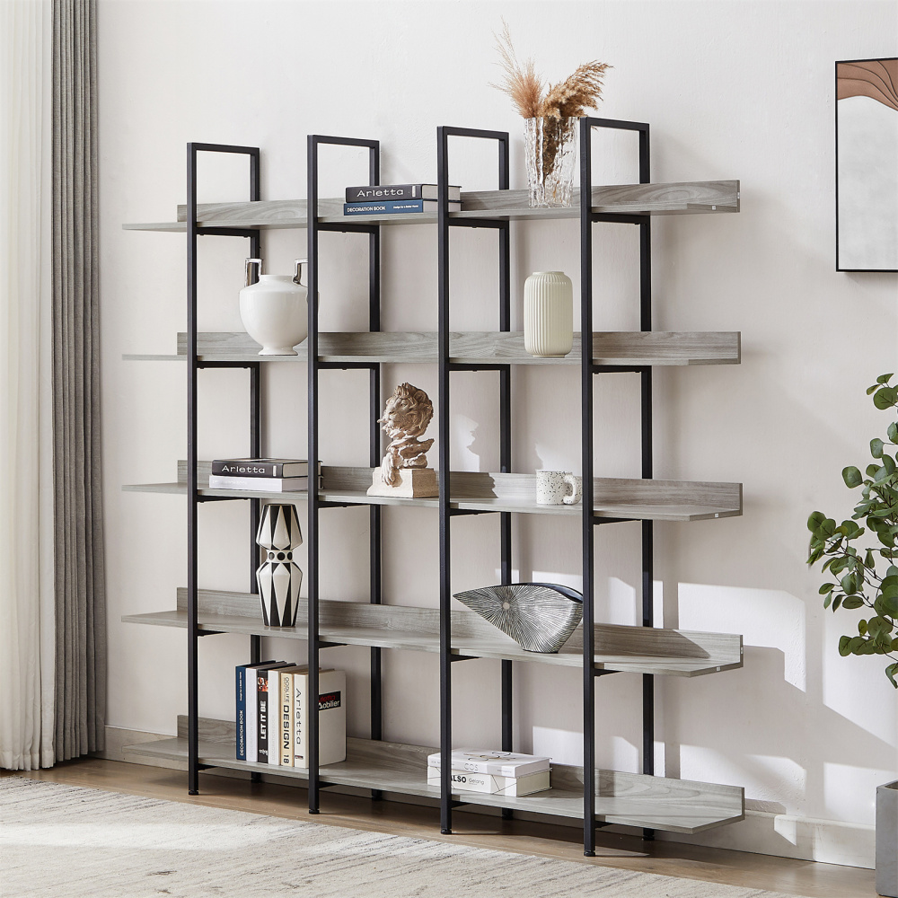 5 Tier Bookcase, Metal Frame Vintage Open Bookshelf with Wood Storage ...