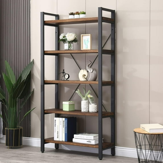 5 Tier Bookcase, Solid Wood Bookshelf Rustic Vintage Industrial Etagere ...