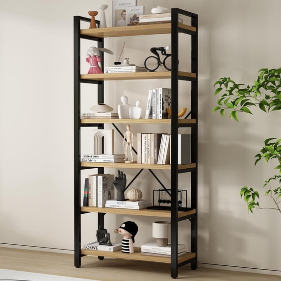 5 Tier Bookcase Solid Wood Bookshelf Rustic Vintage Industrial Etagere ...