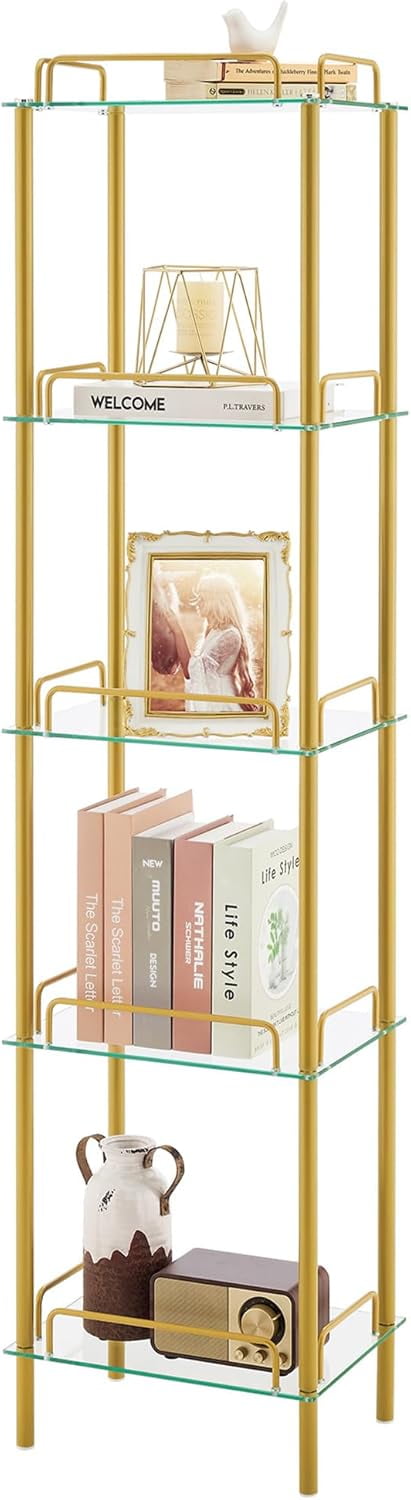 5-Tier Bookcase, Tempered Glass Bookshelves, Narrow Bookshelf for Small ...
