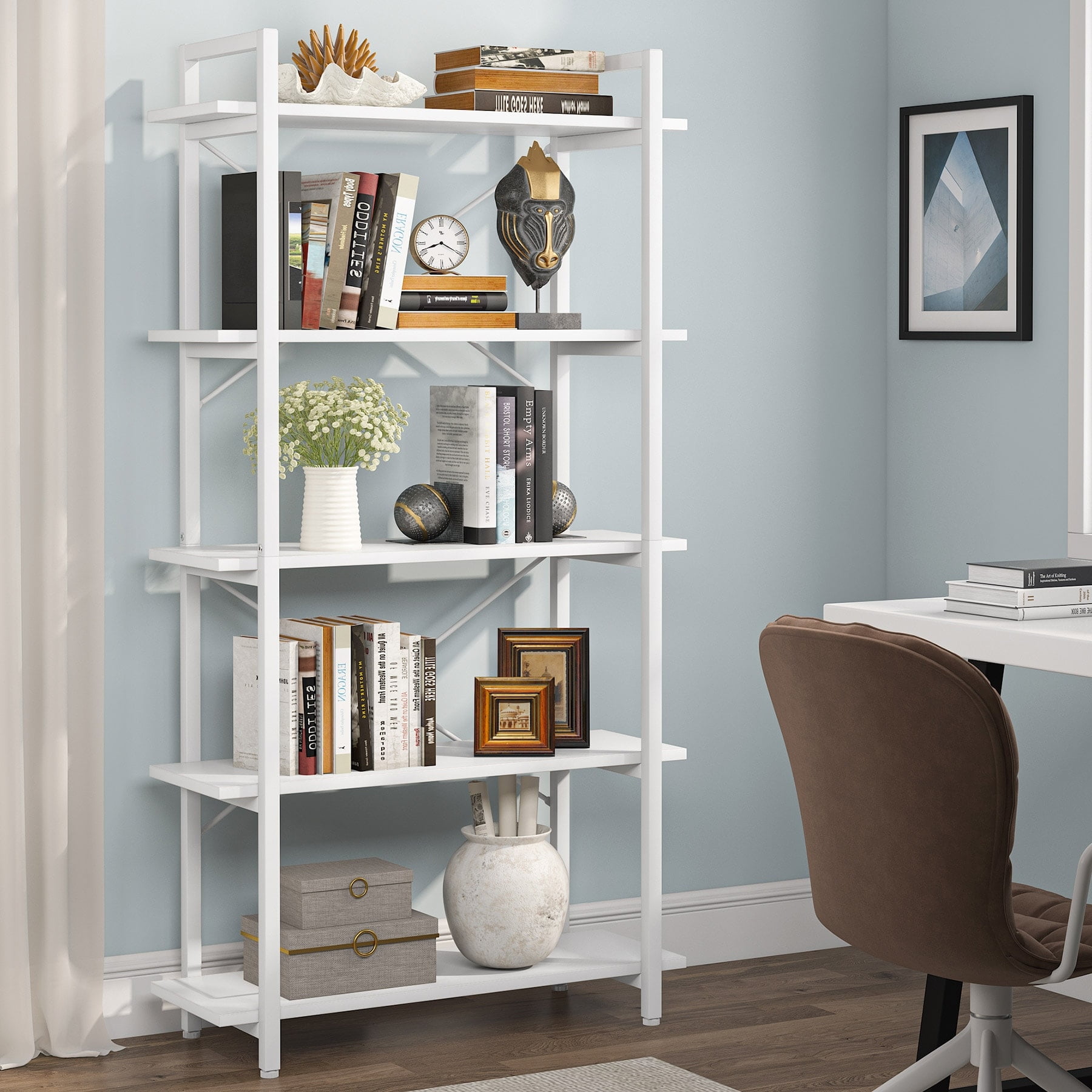 5 Tier Bookcase,White Bookshelf for Living Room, Study, Home Office ...