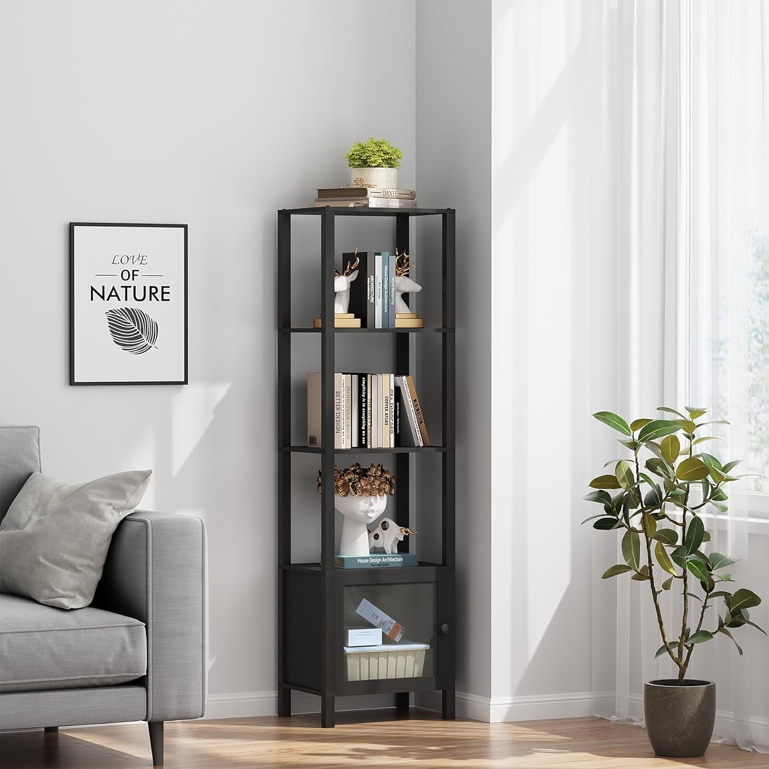 5 Tier Bookcase and Bookshelf, Narrow Book Shelf with Door for Small ...