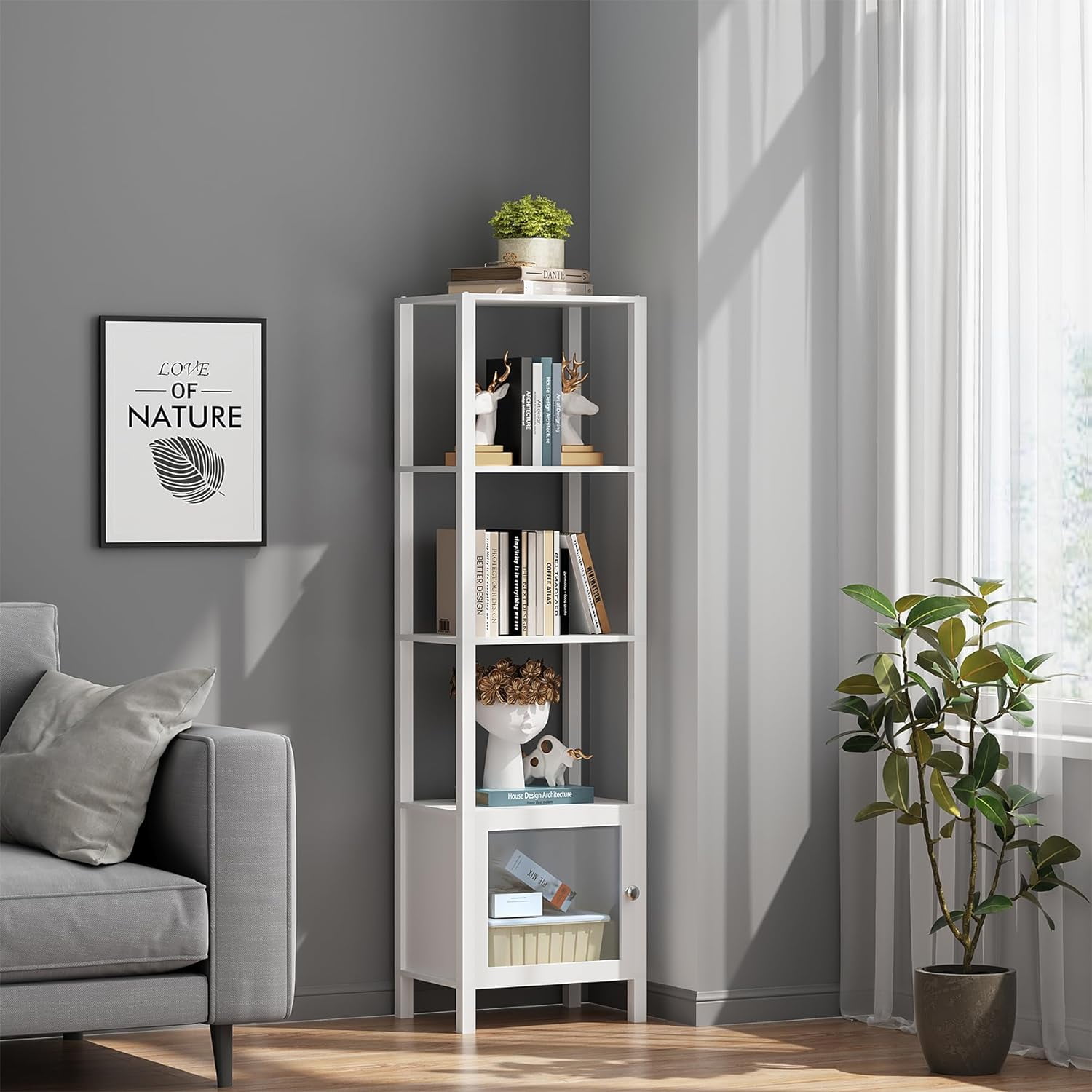 5 Tier Bookcase and Bookshelf, Narrow Book Shelf with Door for Small ...