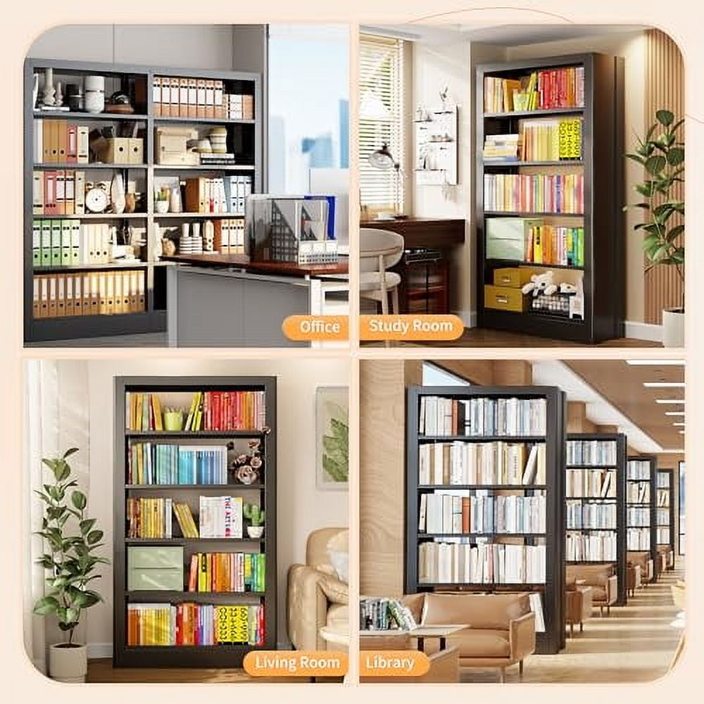 5-Tier Bookcase with Adjustable Storage Shelves, Metal Bookshelf with ...