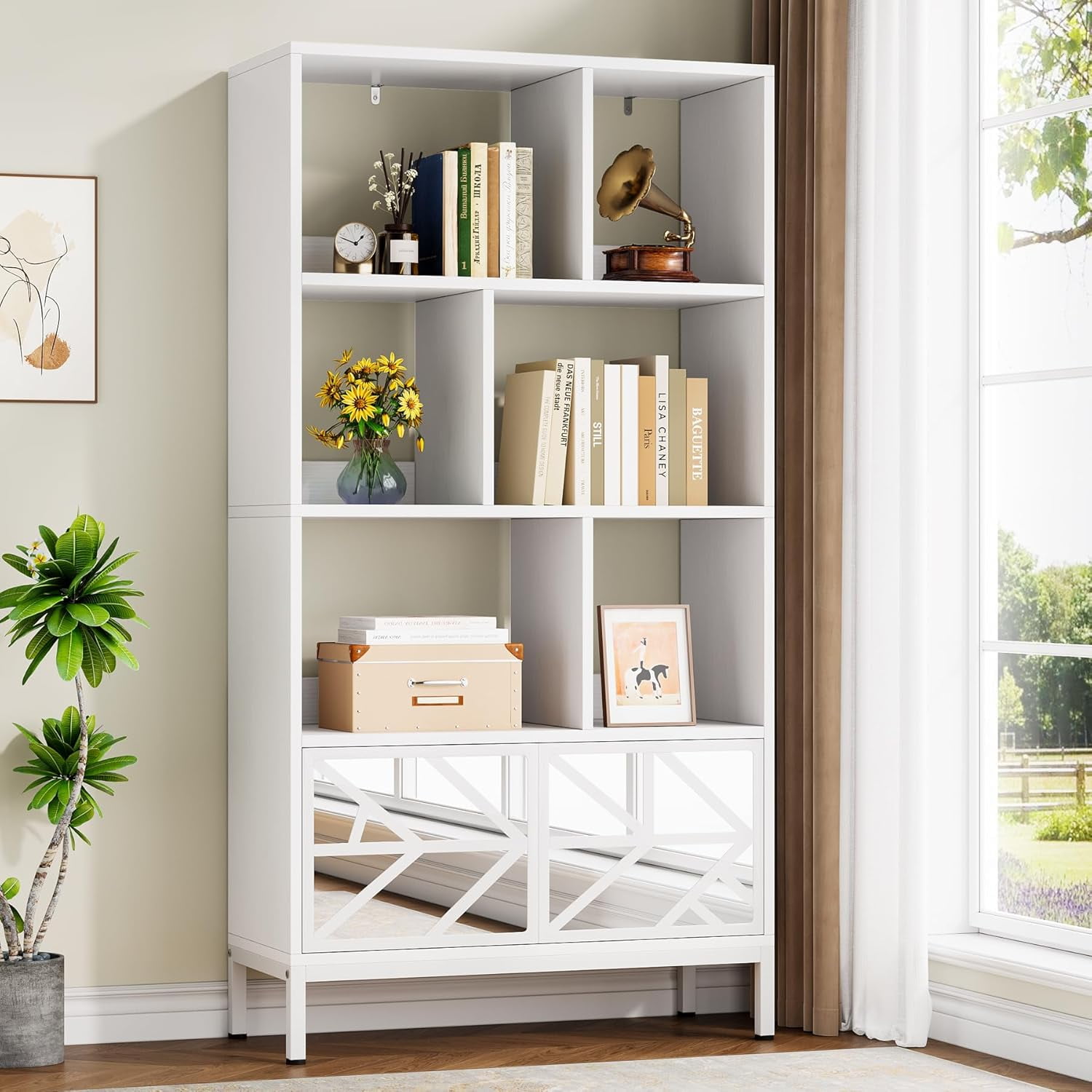 5-Tier Bookcases with Doors, 63" Tall Bookshelf, White Bookshelves with ...
