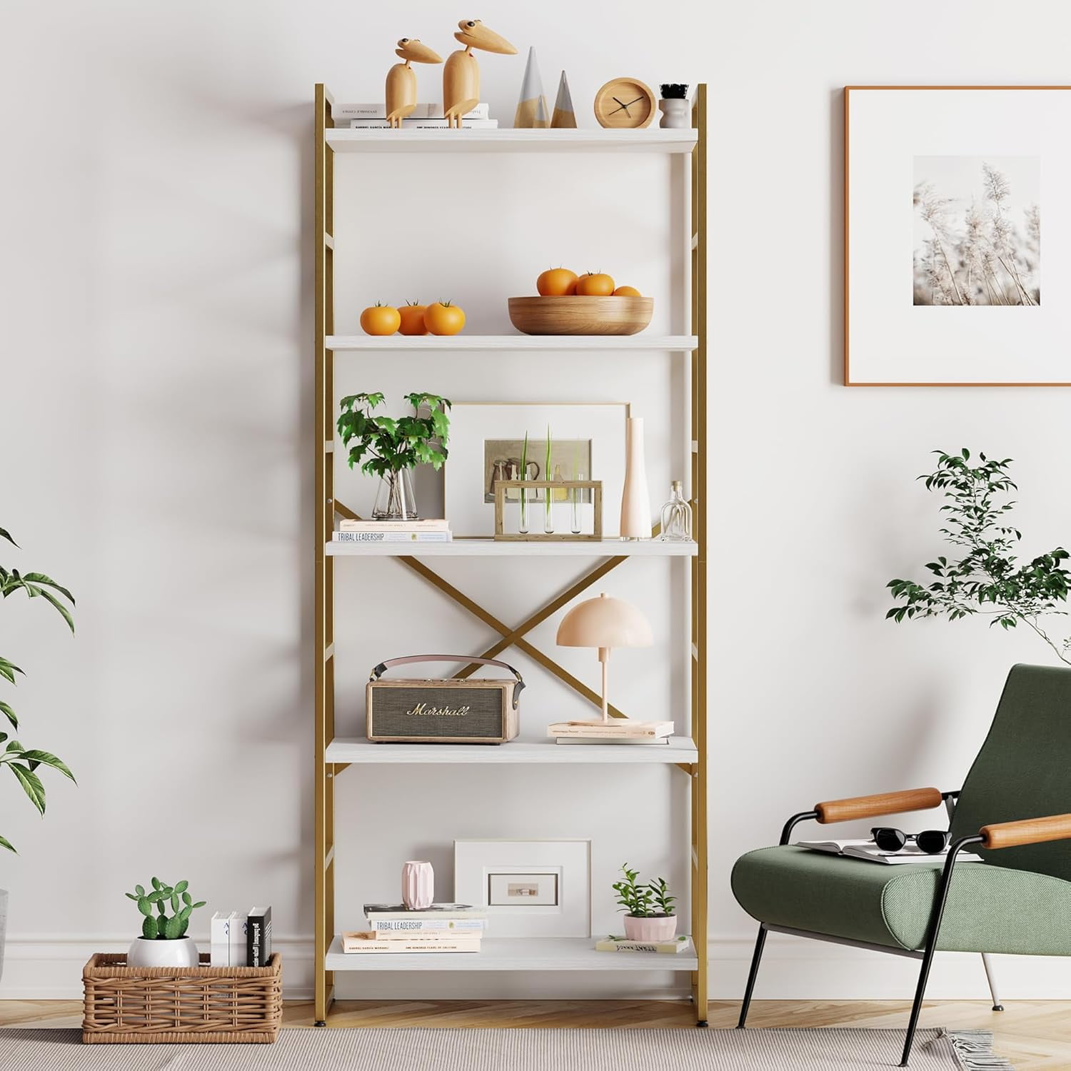 5 Tier Bookshelf with 2 Drawers Industrial Tall Bookcase Modern Display ...