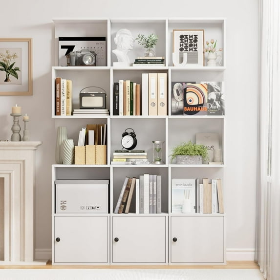 5 Tier Bookshelf (3-Set), 67" Tall S Shaped Bookcase with Door, Modern ...