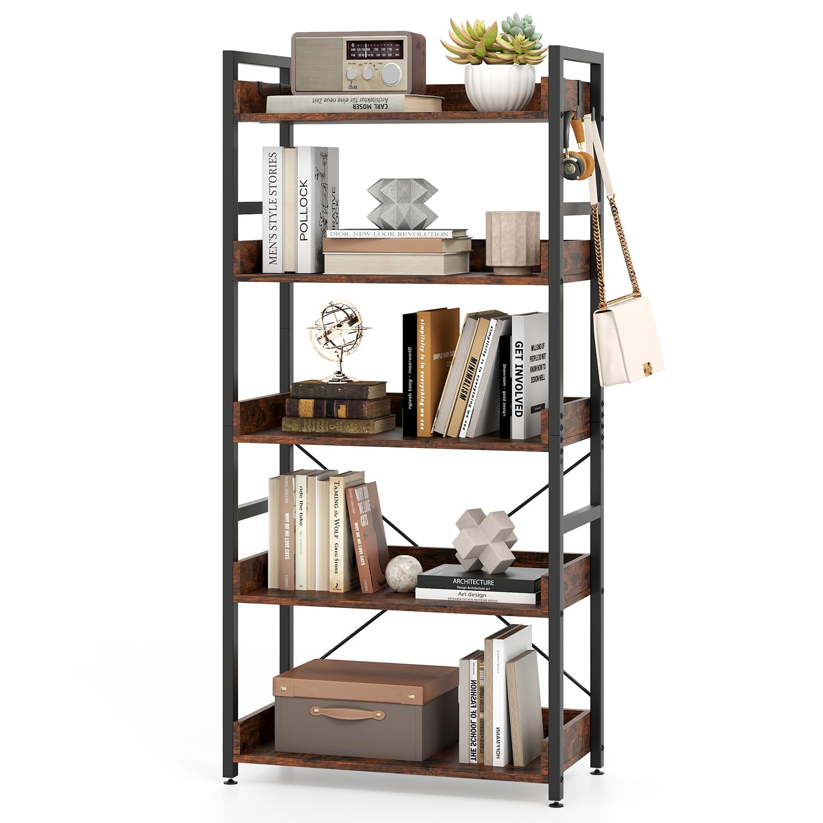 5-Tier Bookshelf with 4 Hooks, Industrial Storage Bookcase, Tall ...