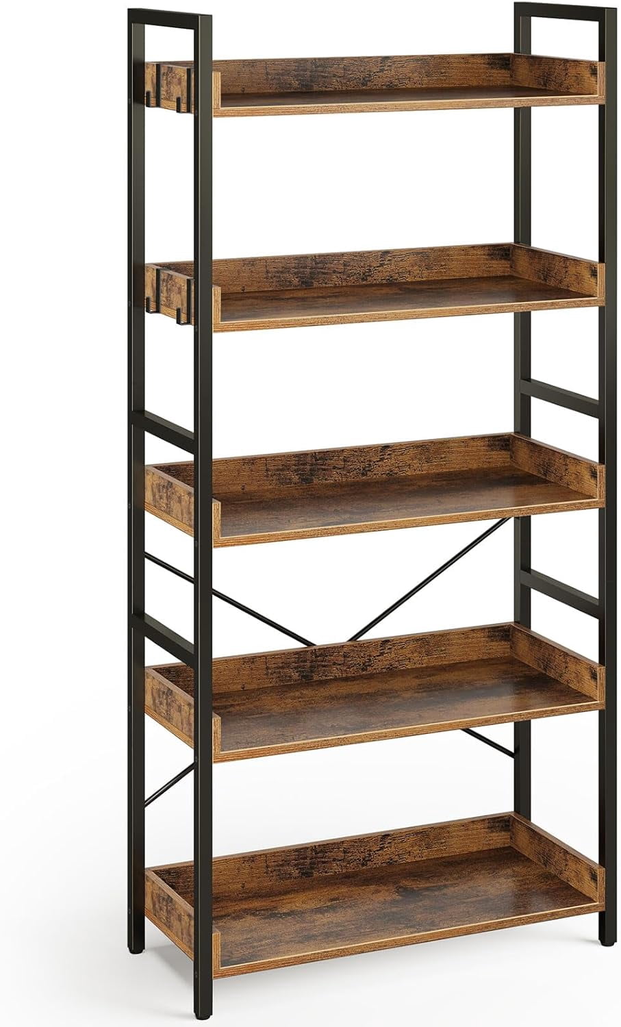 5 Tier Bookshelf with 4 Hooks, Industrial Wood Bookcase, Vintage ...