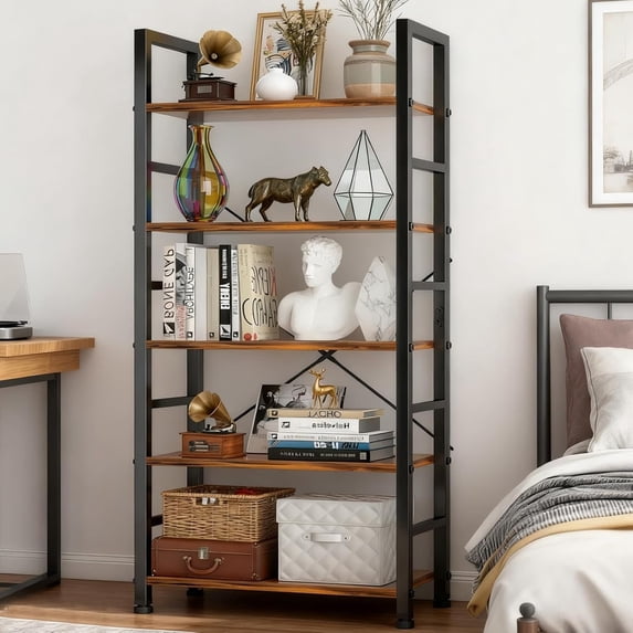 5 Tier Bookshelf, 62" Freestanding Wood & Metal Bookcase with Open ...