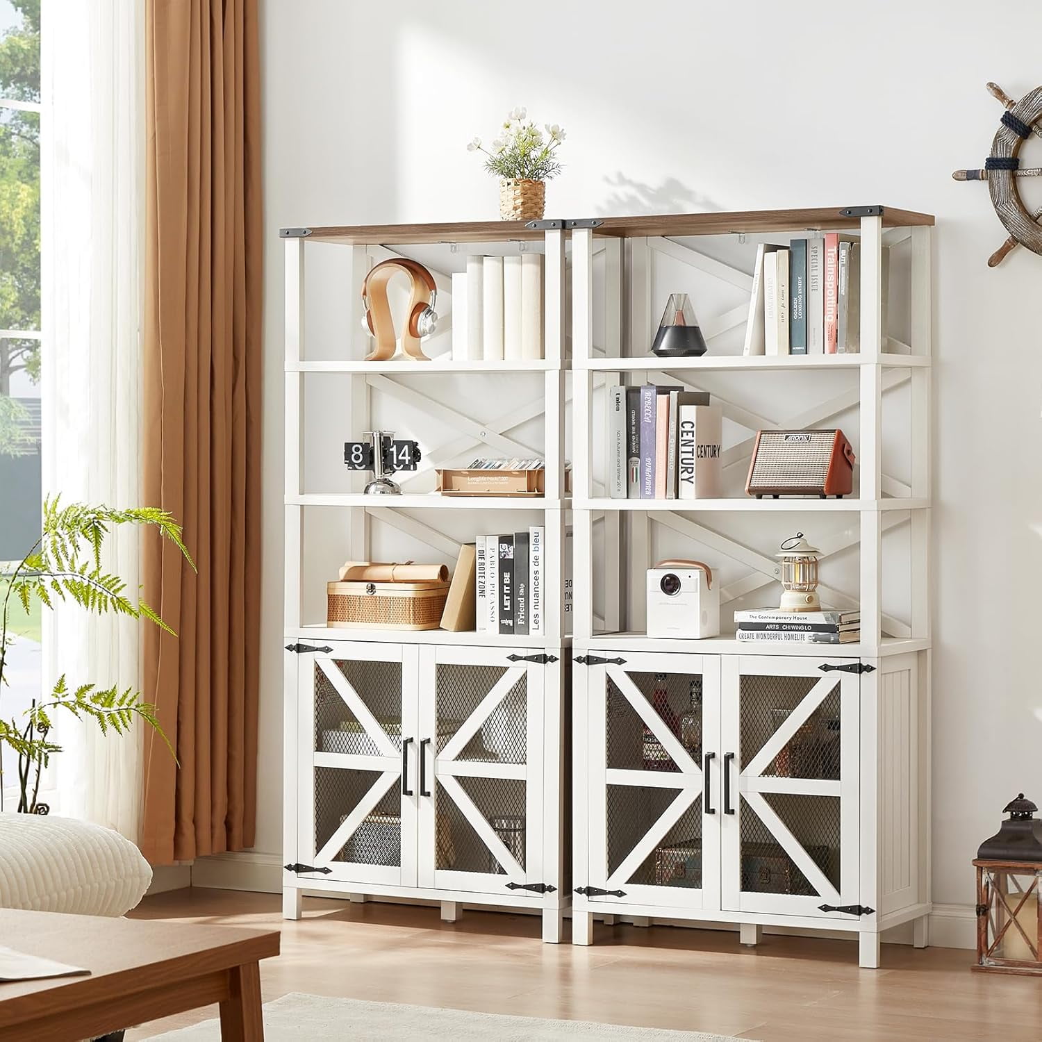 5 Tier Bookshelf 70" Tall Bookcase with Barn Doors Large Farmhouse ...