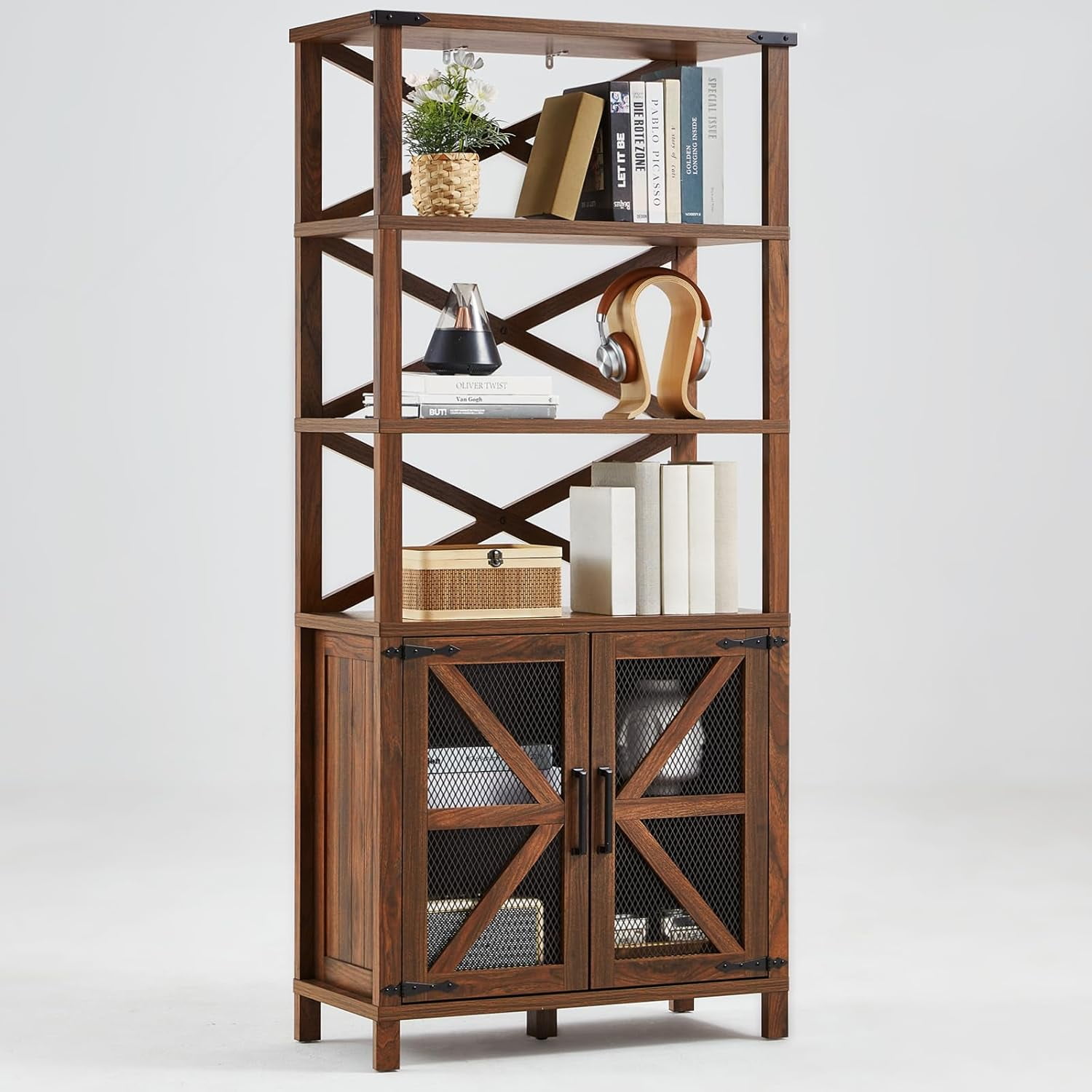 5 Tier Bookshelf 70" Tall Bookcase with Barn Doors Large Farmhouse ...