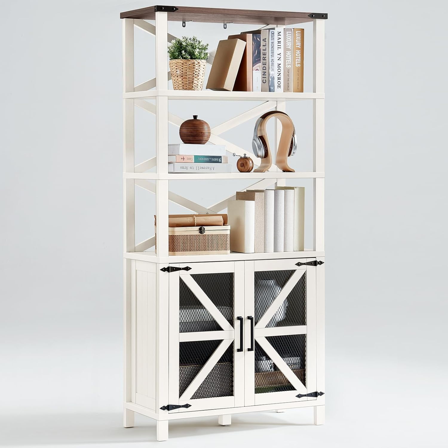 5 Tier Bookshelf 70" Tall Bookcase with Barn Doors Large Farmhouse ...