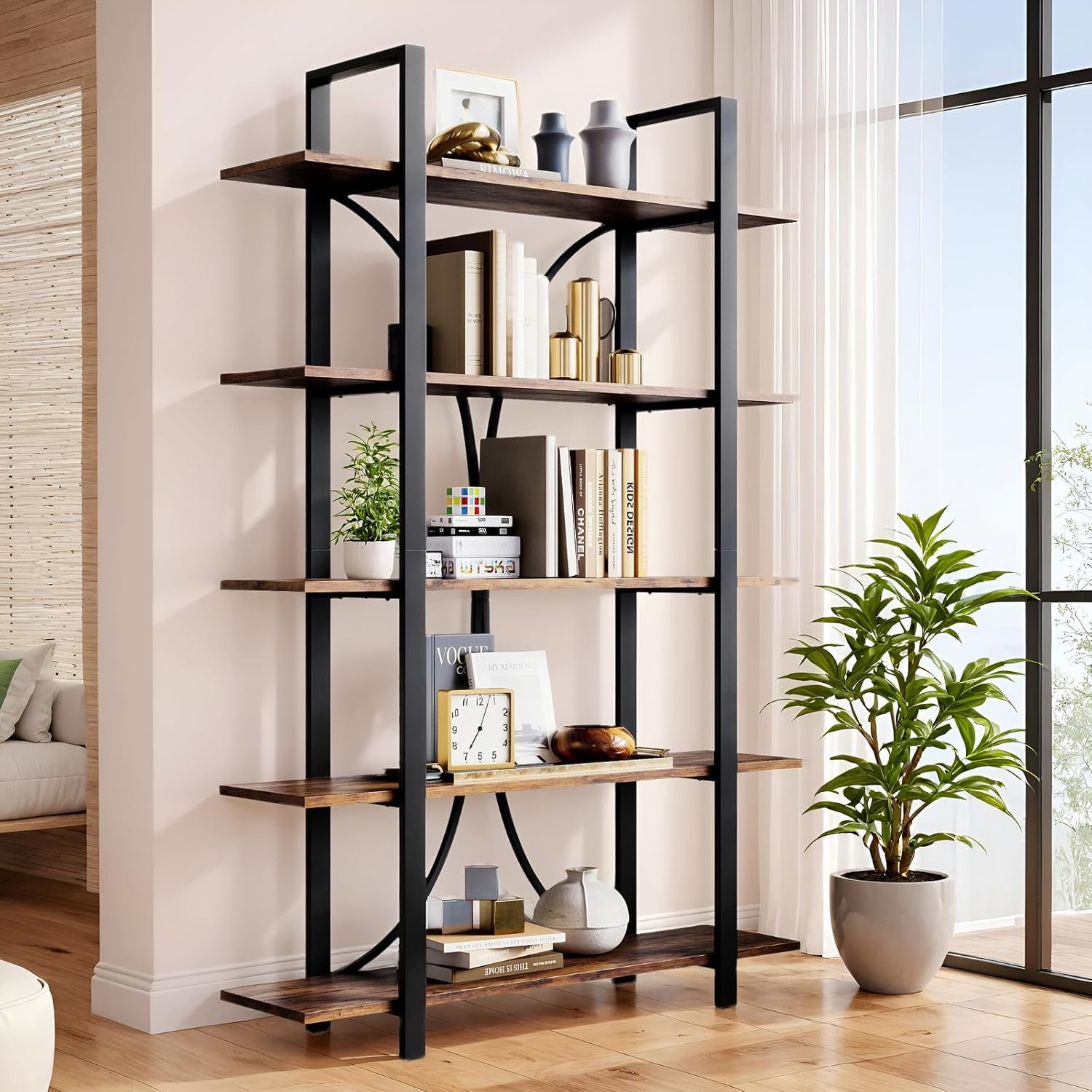 5-Tier Bookshelf, 70-Inch Tall Bookcase Storage Organizer, Industrial ...