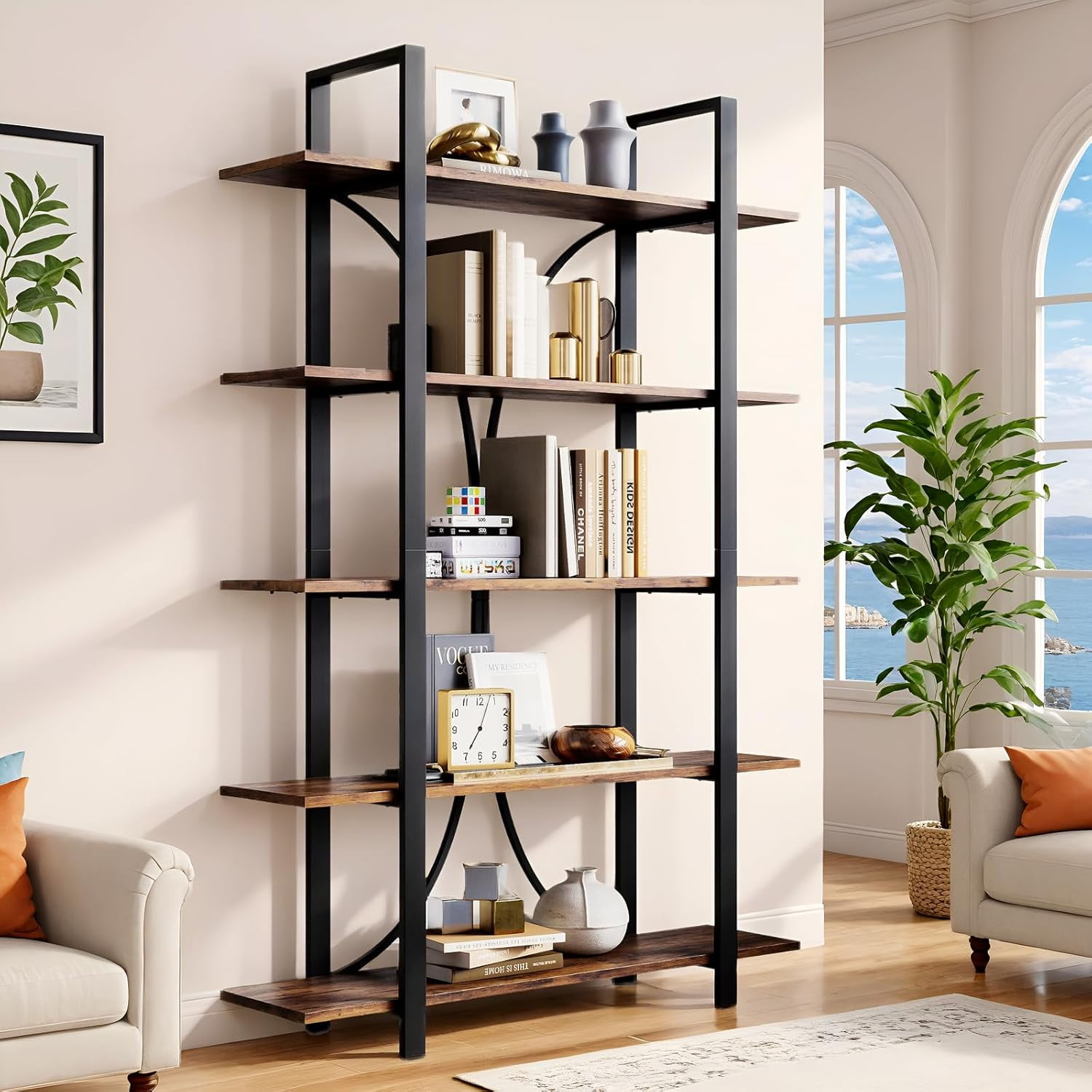 5-Tier Bookshelf, 70-Inch Tall Bookcase Storage Organizer, Industrial ...