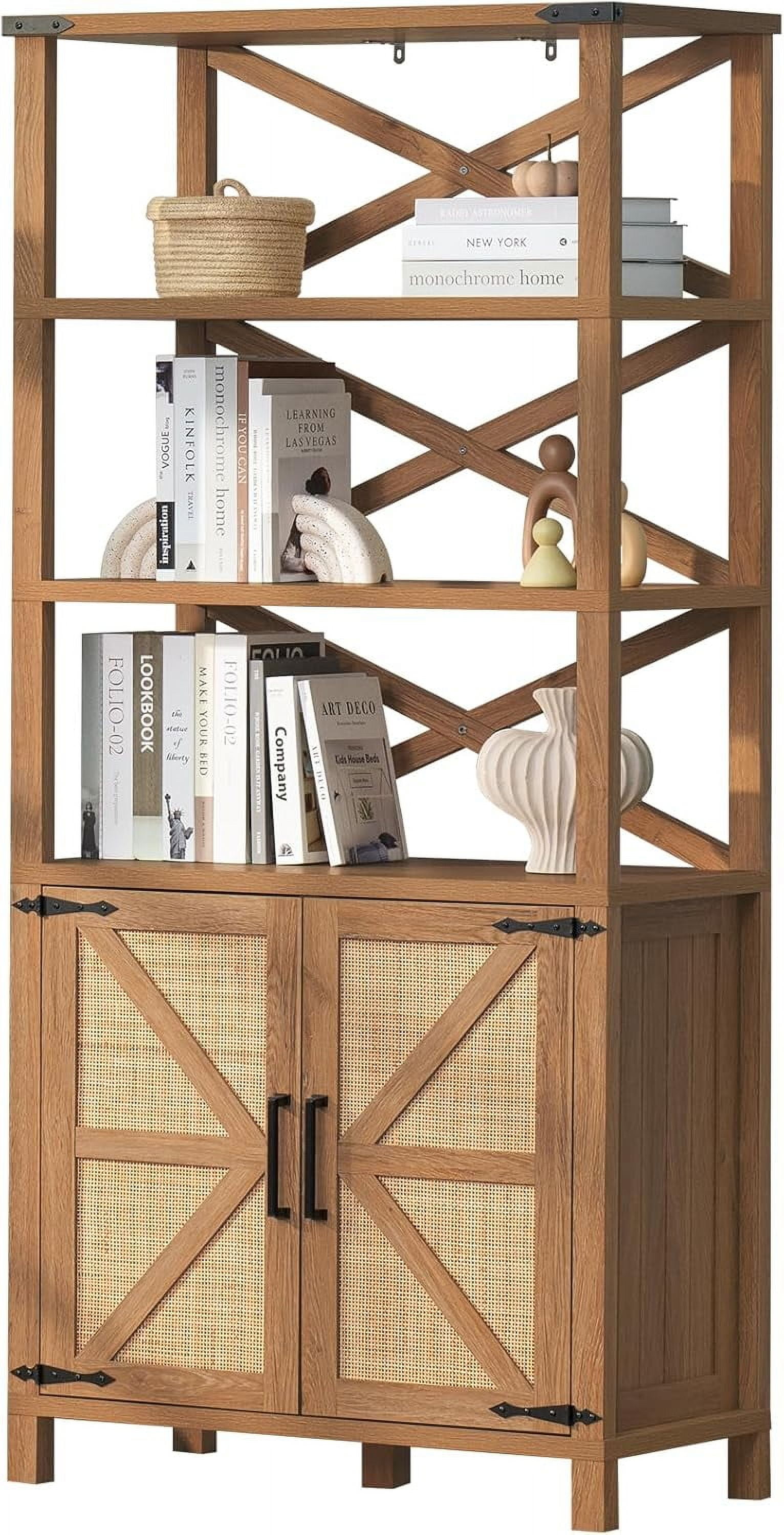 5 Tier Bookshelf 70" Rattan Boho Tall Bookcase with Barn Doors,Large ...