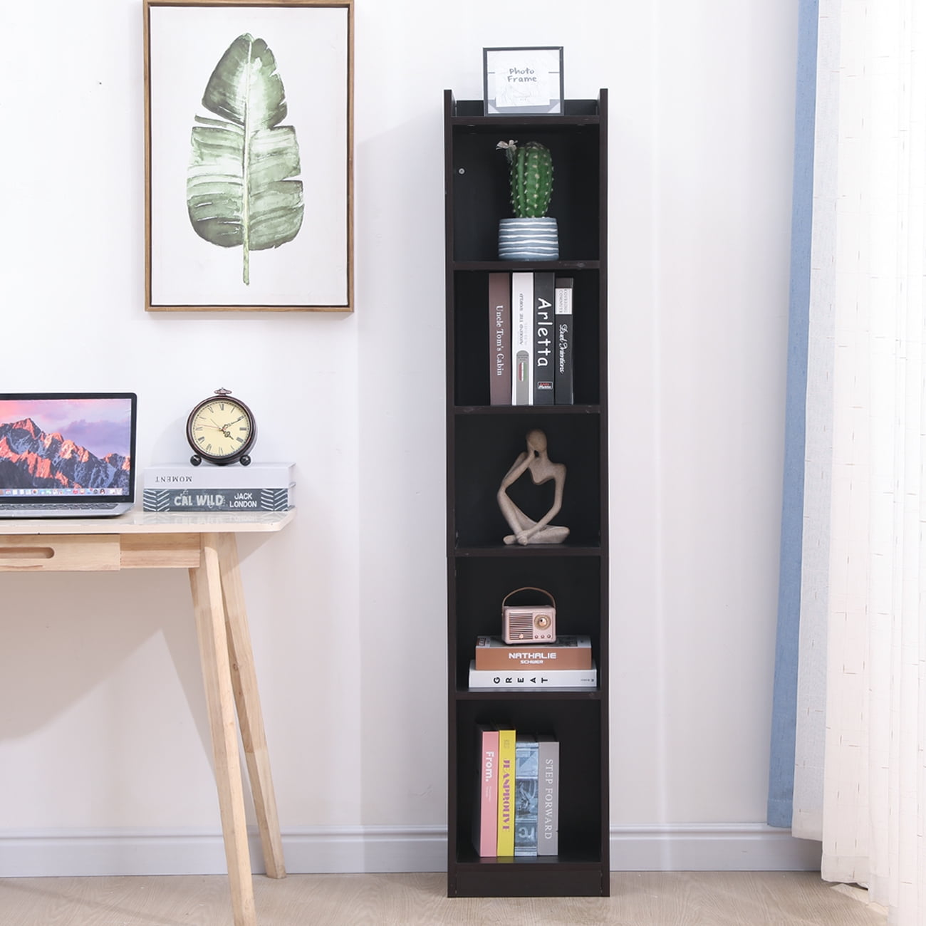 5 Tier Bookshelf with Adjustable Storage Shelves, Small Narrow Corner ...