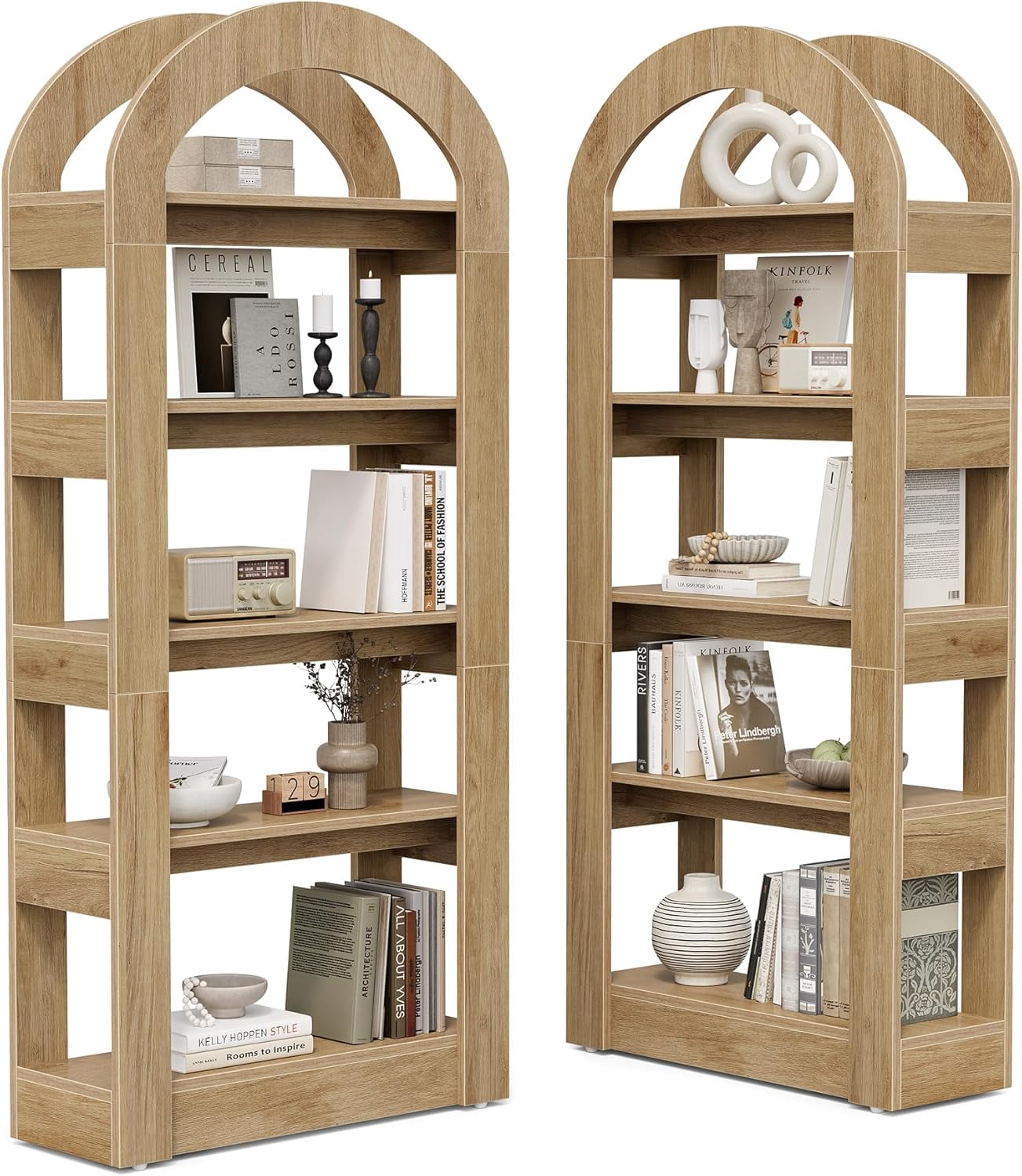 5-Tier Bookshelf Arch-Shaped Racks Tall Standing Wooden Bookcase ...