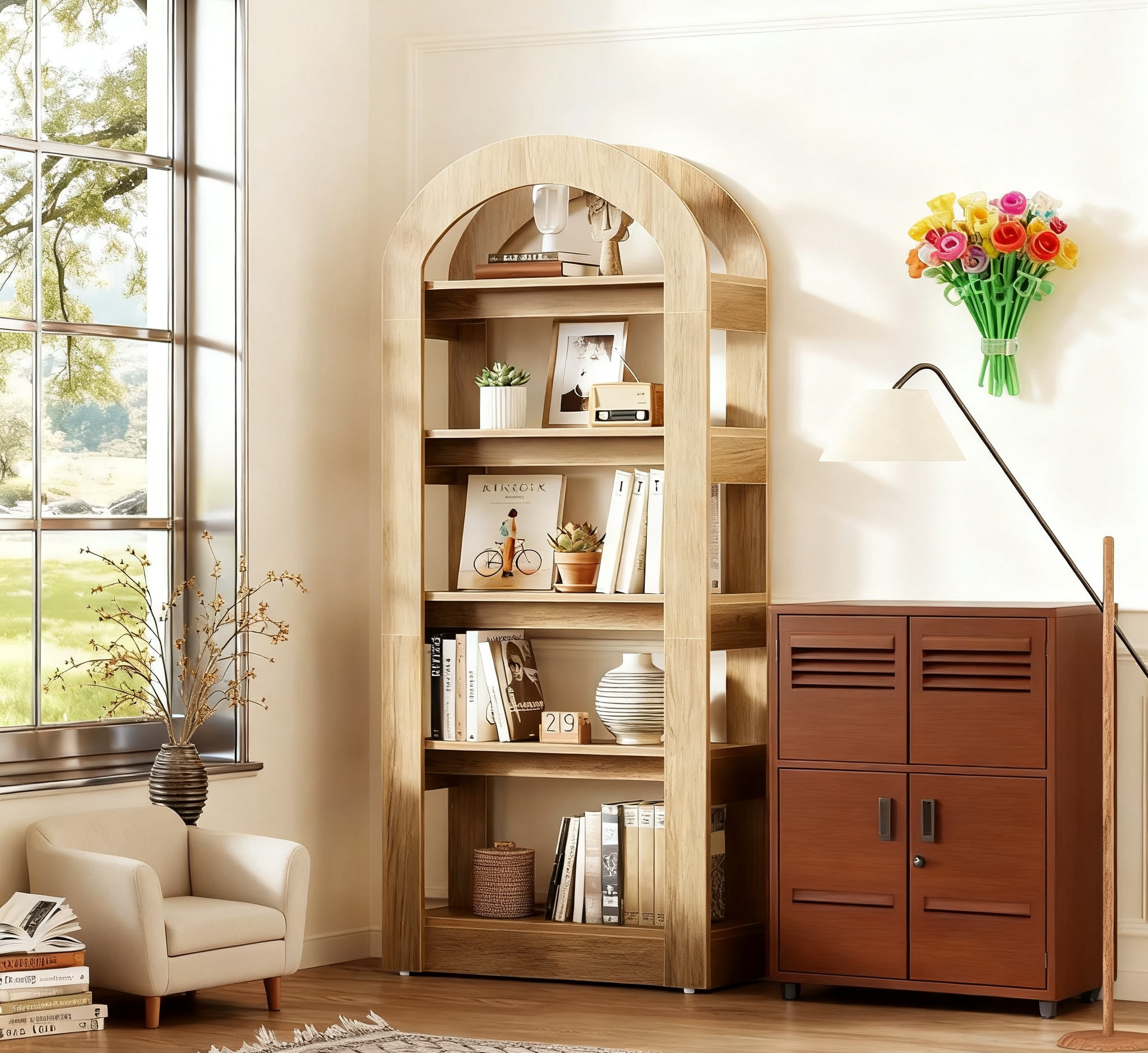 5-Tier Arch-Shaped Wooden Bookshelf, Tall 70.86" Storage Shelf with ...