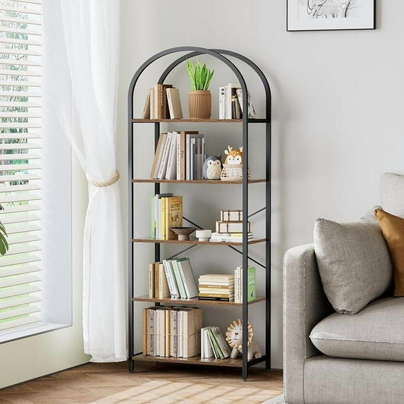 5-Tier Bookshelf Arched Display Racks, Wood and Metal Bookcase, Tall ...
