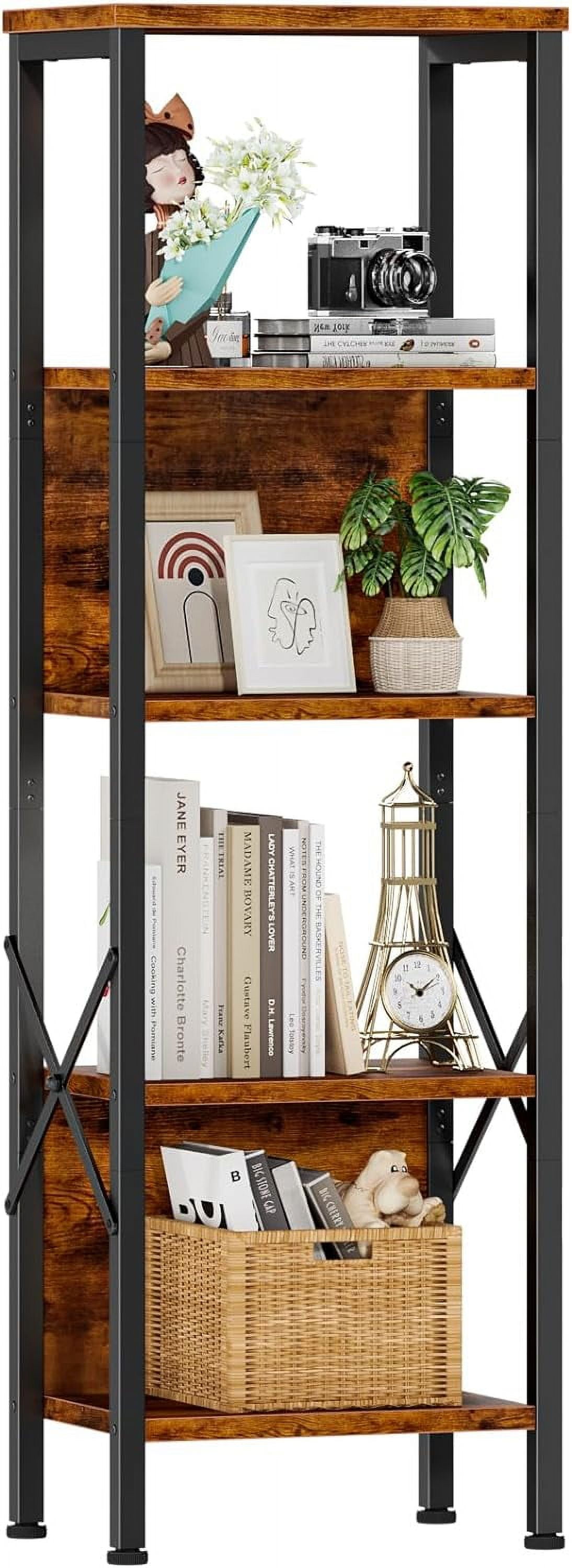 5 Tier Bookshelf with Back, Tall Narrow Bookcase, Rustic Standing Shelf ...