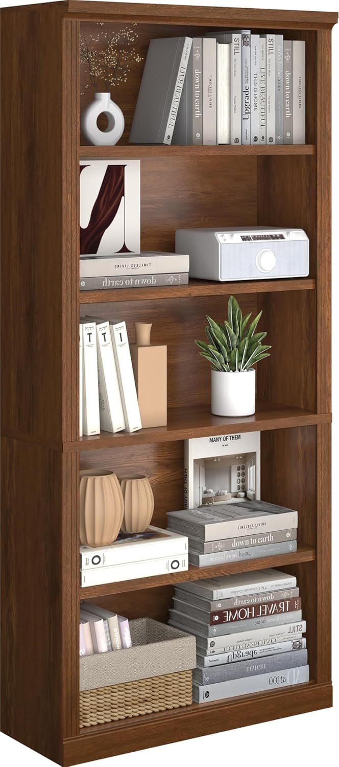 5-Tier Bookshelf Basic Book Case, Wooden Storage Shelves Rustic ...