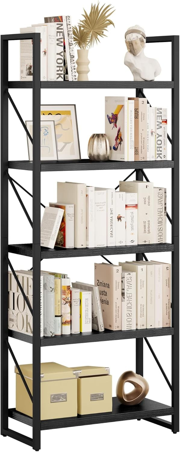 5 Tier Bookshelf, Black Bookcase Storage Organizer, Modern Book Shelf ...