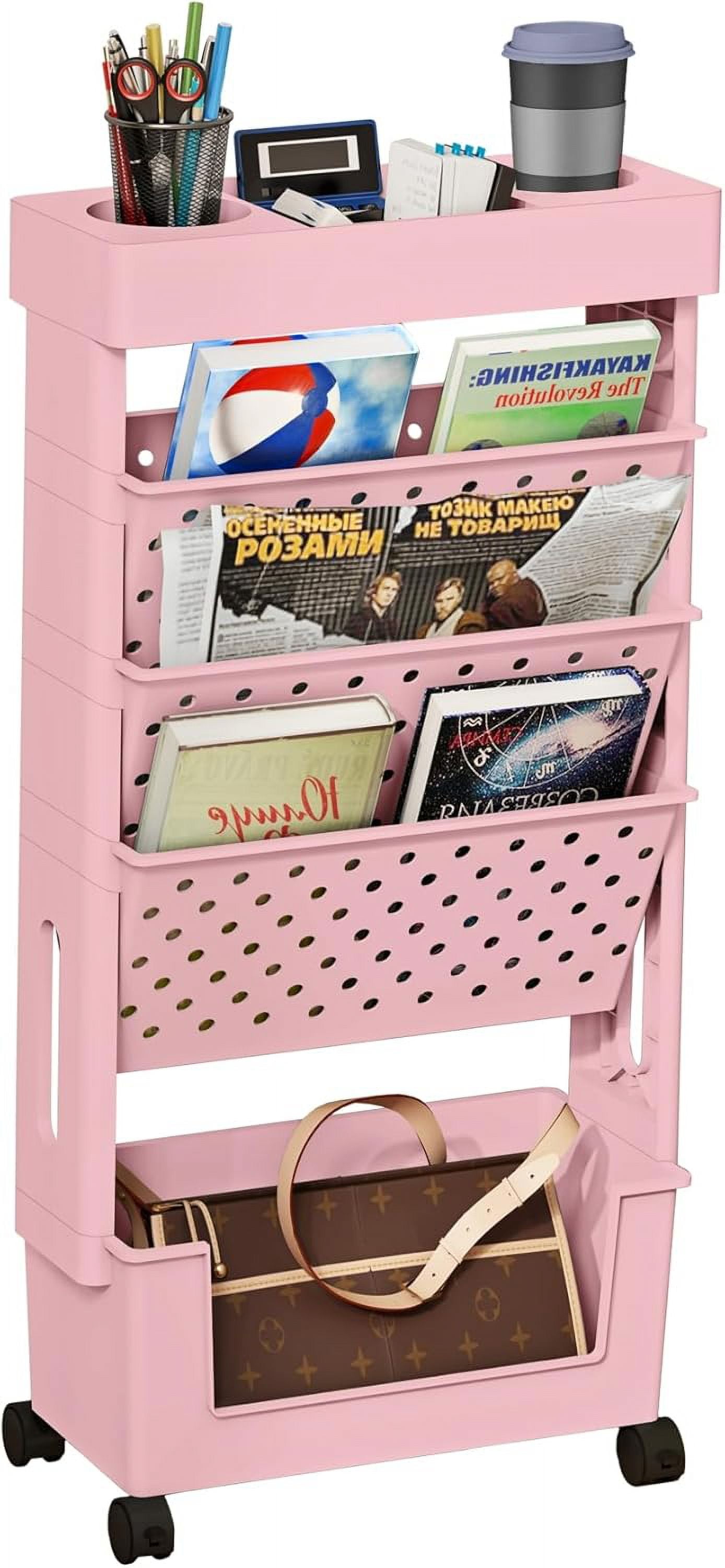 5-Tier Bookshelf, Book Storage Organization with Wheels Mobile Rolling ...