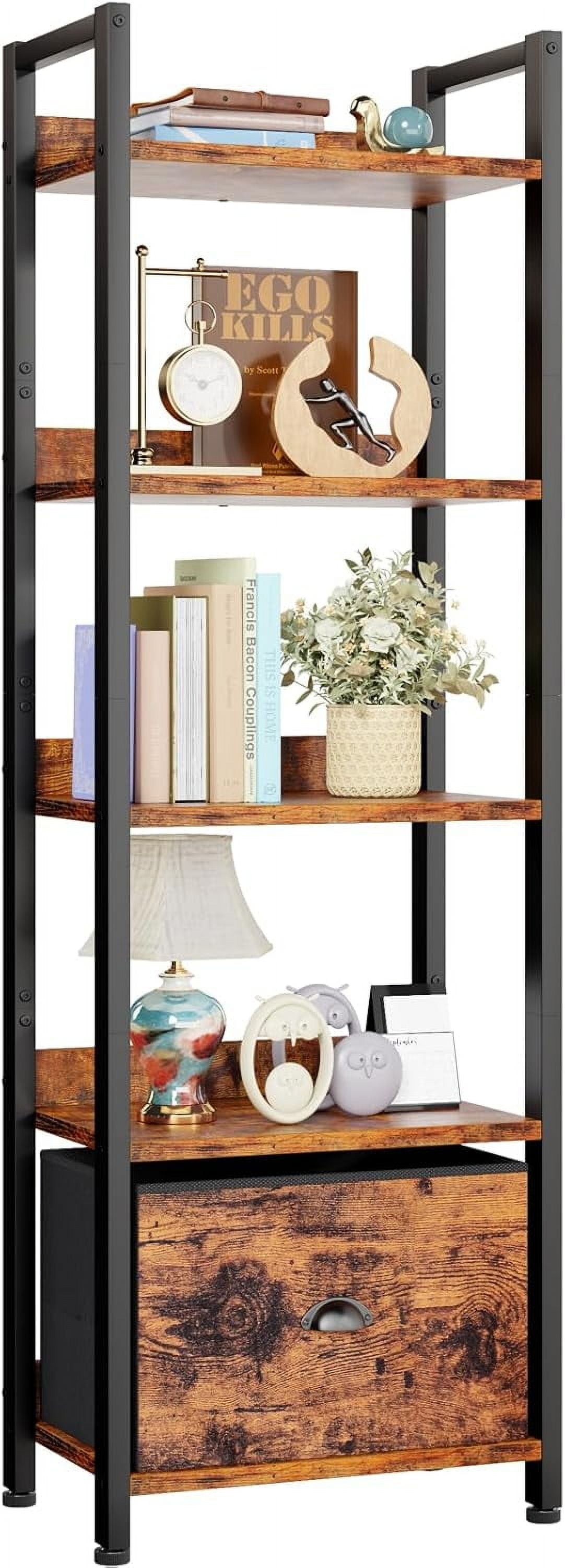 5 Tier Bookshelf with Drawer Tall Narrow Bookcase with Shelves Wood and ...