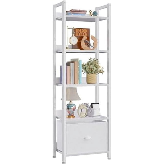 5 Tier Bookshelf with Drawer, Tall Narrow Bookcase with Shelves, Wood ...