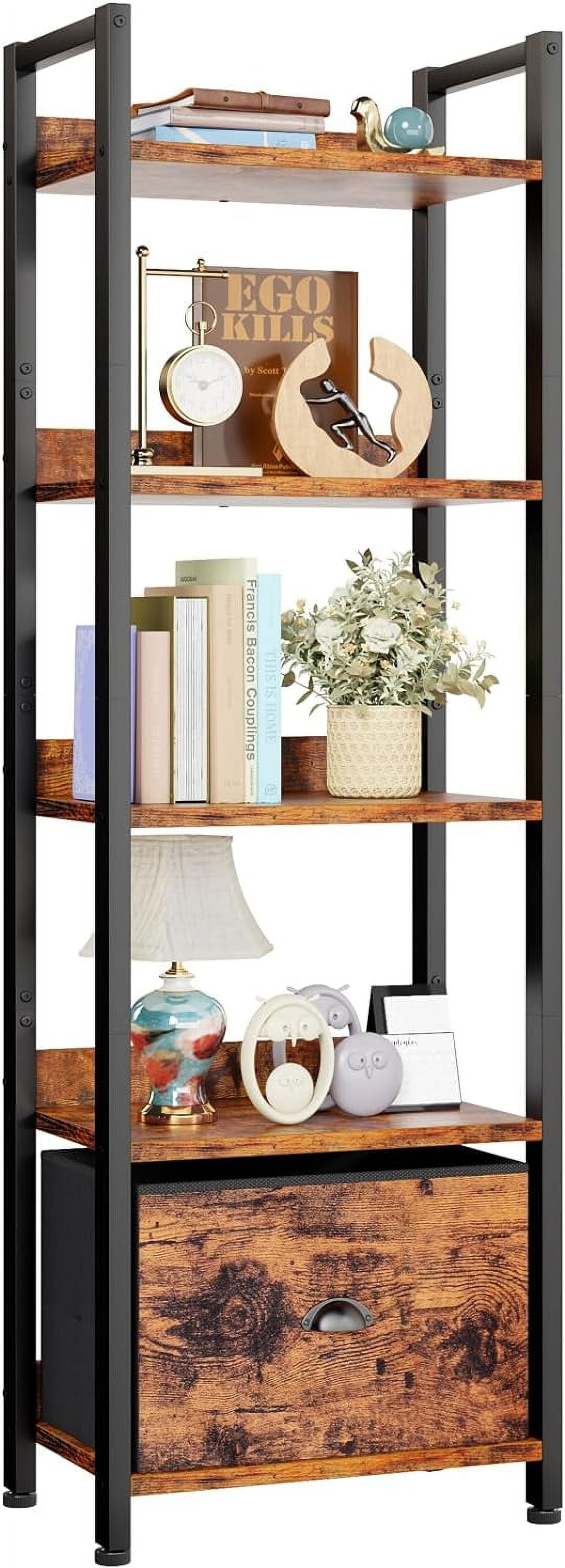 5 Tier Bookshelf with Drawer, Tall Narrow Bookcase with Shelves, Wood ...