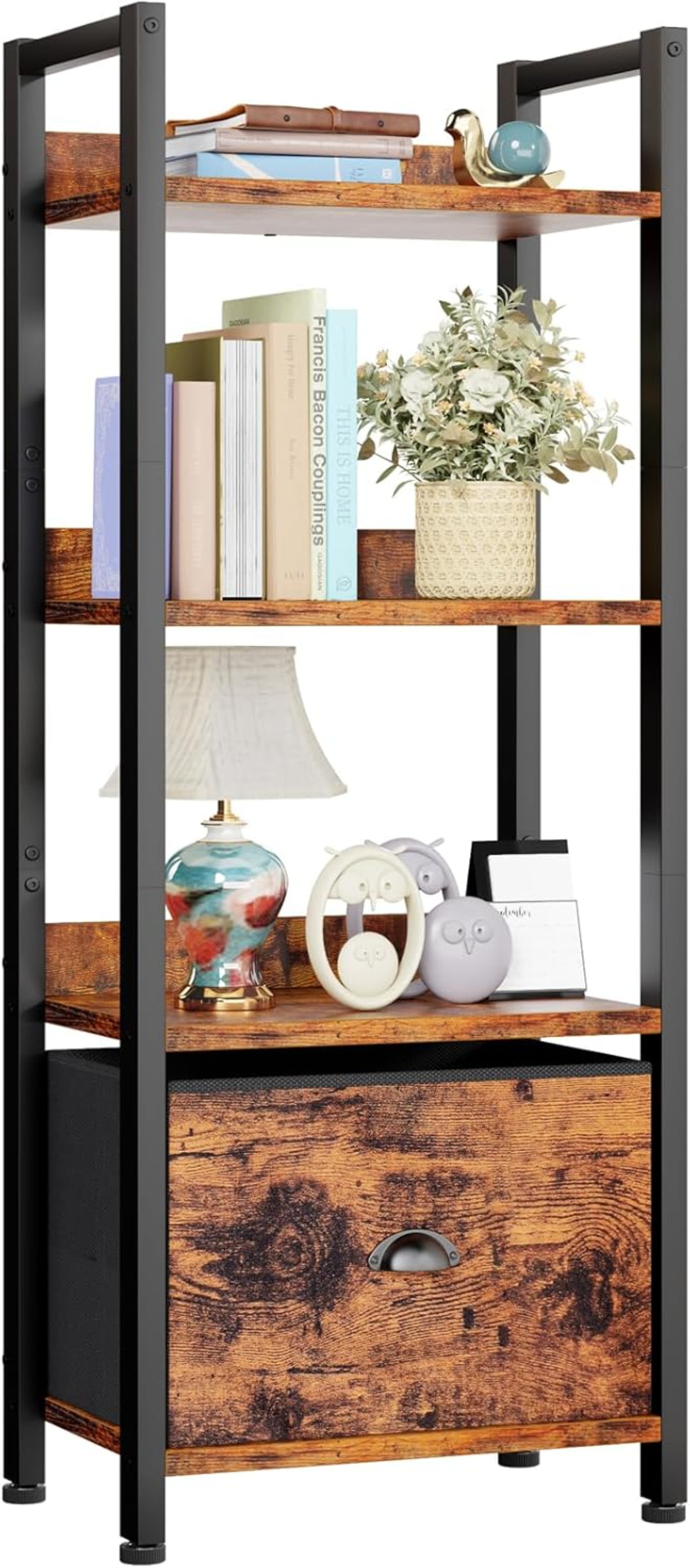 Bookshelf with Drawer, Tall Narrow Bookcase with Shelves, Wood and ...