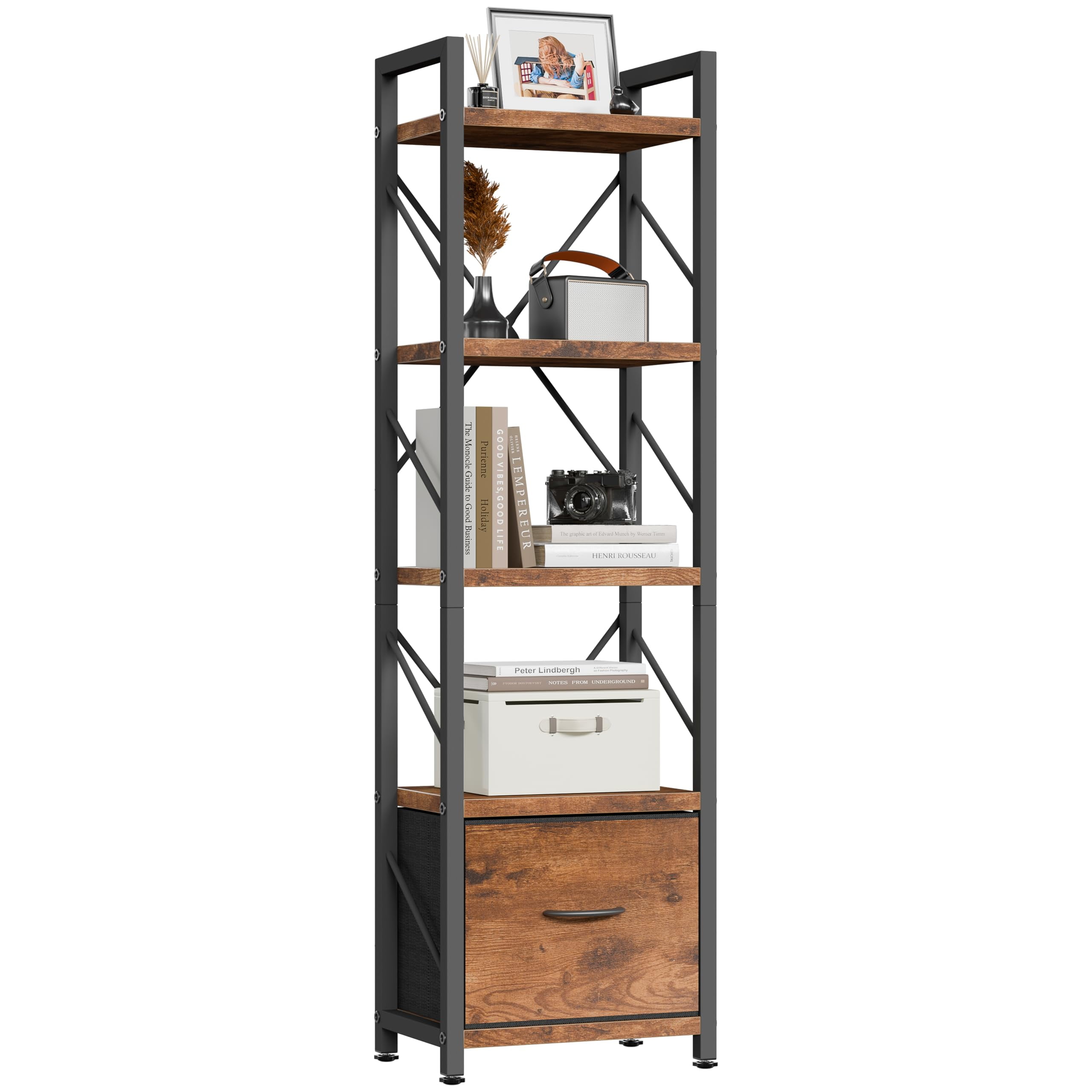 5 Tier Bookshelf with Drawer, Tall Narrow Industrial Bookcase - Open ...