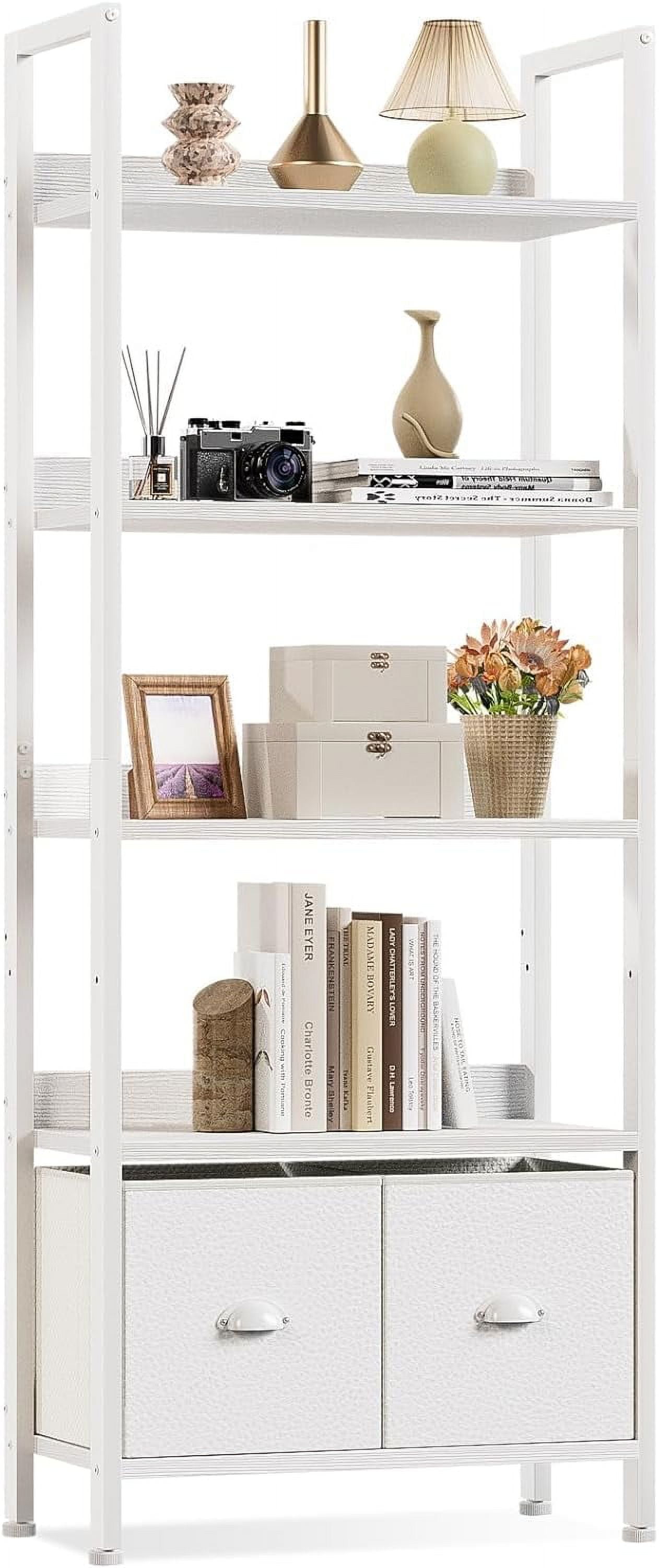 5 Tier Bookshelf with Drawers, White Tall Bookcase with Shelves, Wood ...