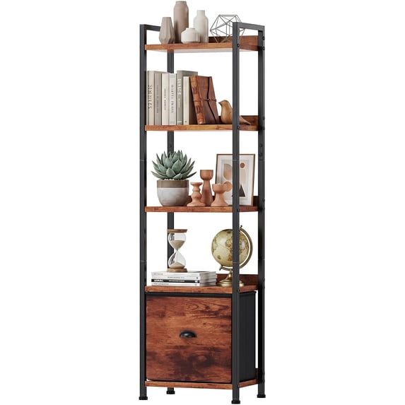 5-Tier Bookshelf with Fabric Drawer, Wood-Metal Standing Display Shelf ...