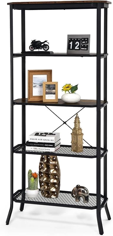 5 Tier Bookshelf, Freestanding Storage Shelving Unit with Steel Frame ...