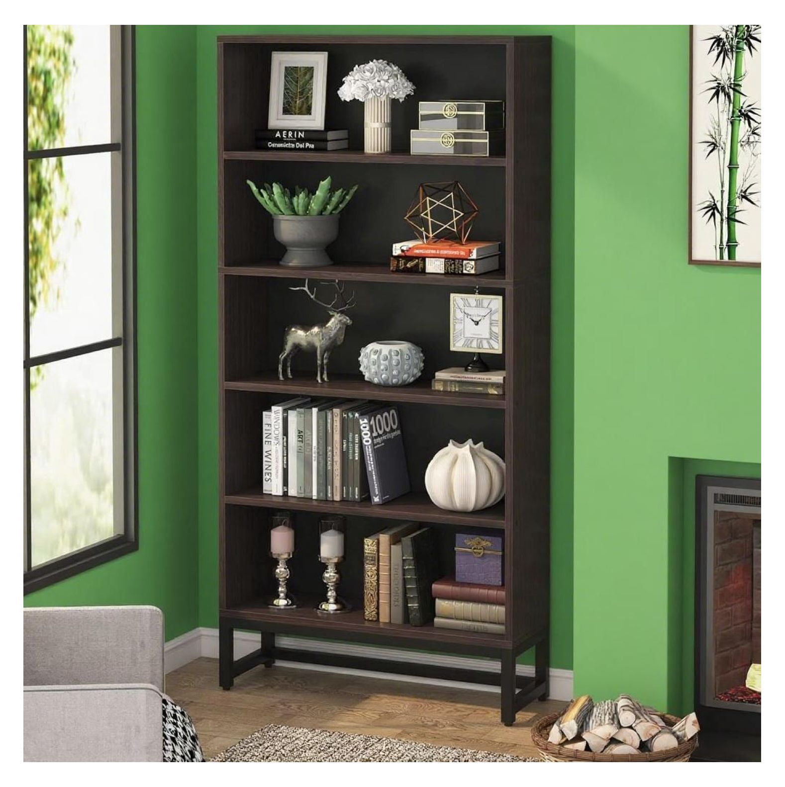 5-Tier Bookshelf, Heavy Duty Tall Bookcase, Large Capacity Shelving ...