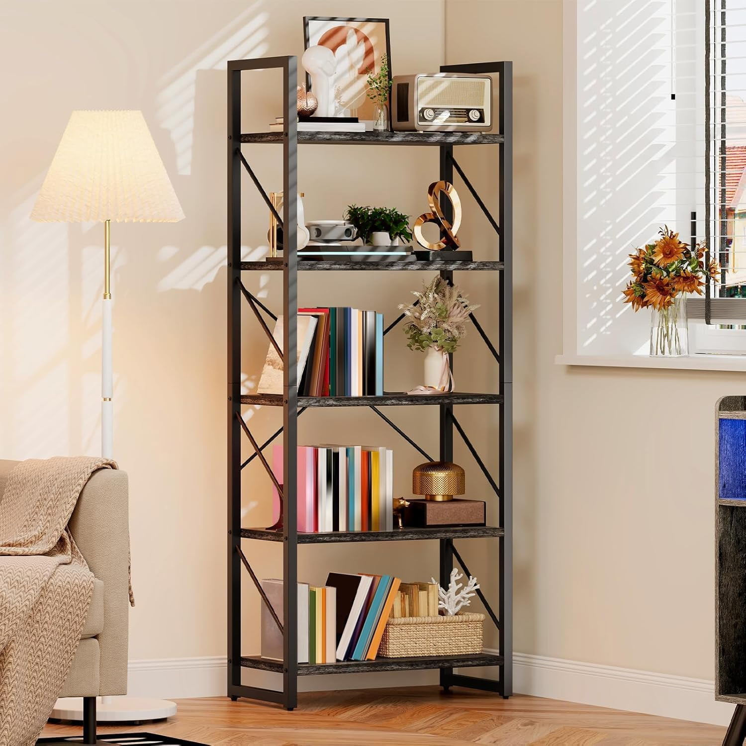 5 Tier Bookshelf, Industrial Bookshelves Open Shelf Bookcase, Storage ...