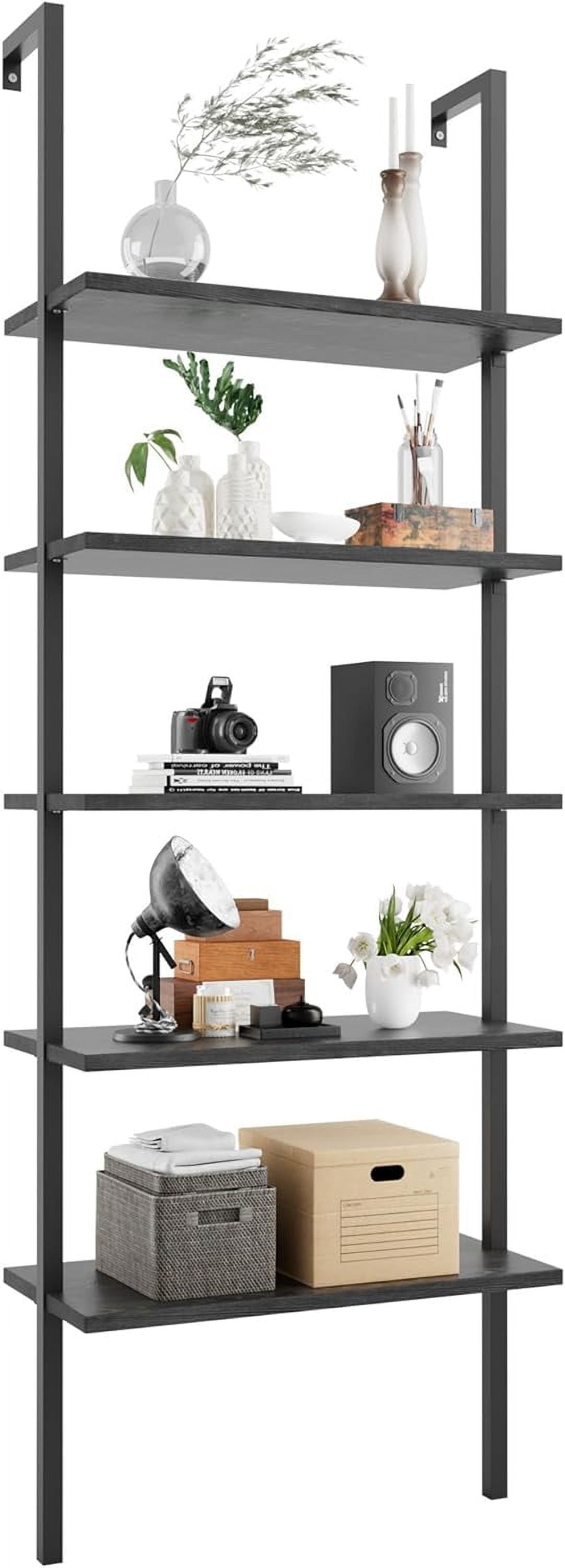 5-Tier Bookshelf Industrial Wall Mount Ladder Bookshelf, Wood Board and ...