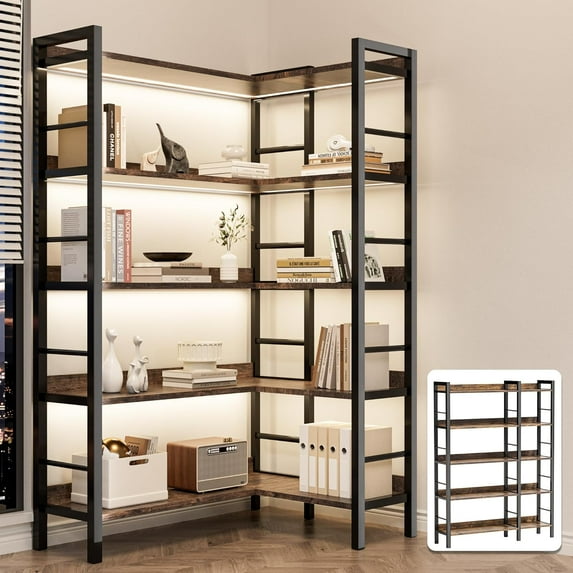 5 Tier Bookshelf with LED Light, L Shaped Corner Book Case with 10 Open ...