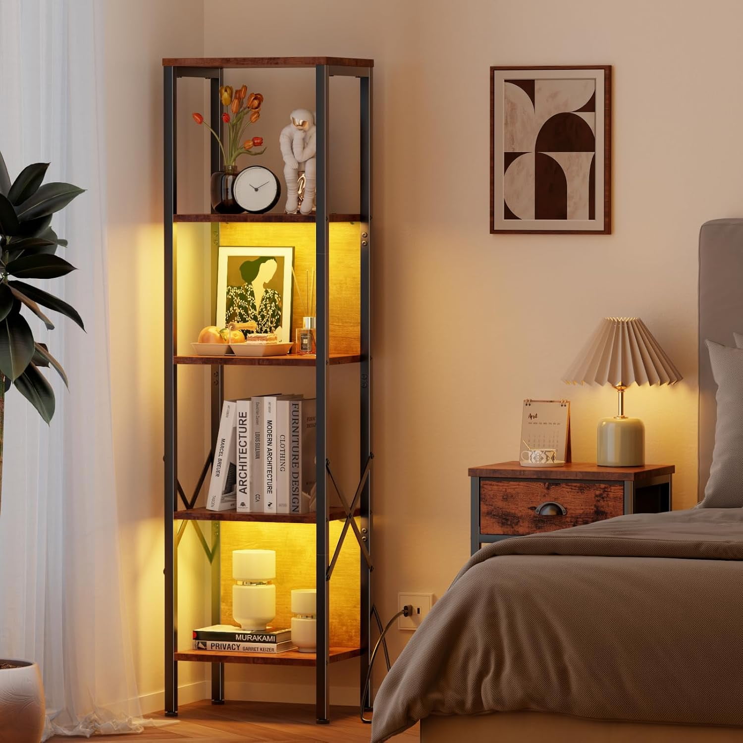 5 Tier Bookshelf with LED Lights, Tall Display Shelf with Back ...