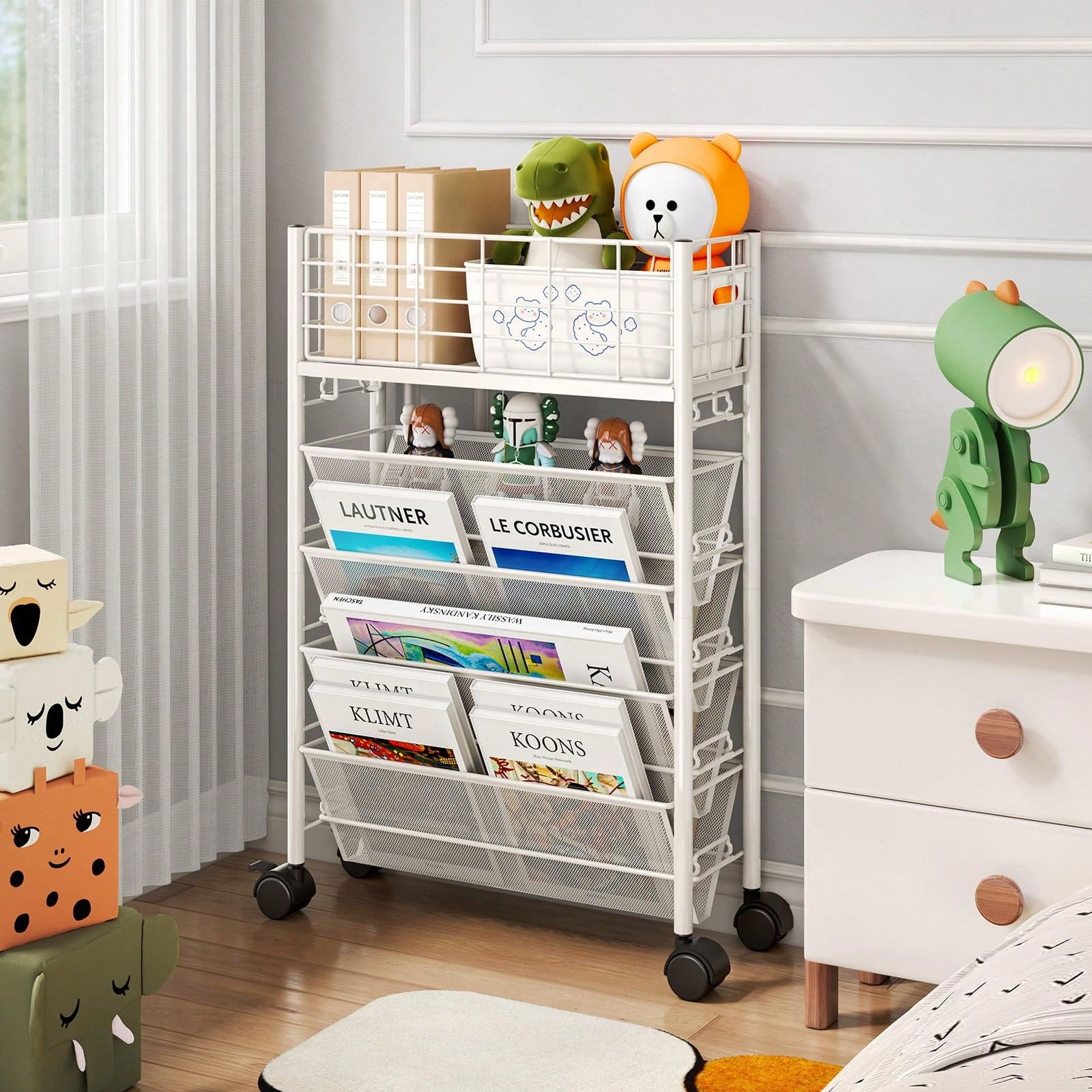 5 Tier Bookshelf, Metal Book Storage Organization With Wheels, Mobile ...