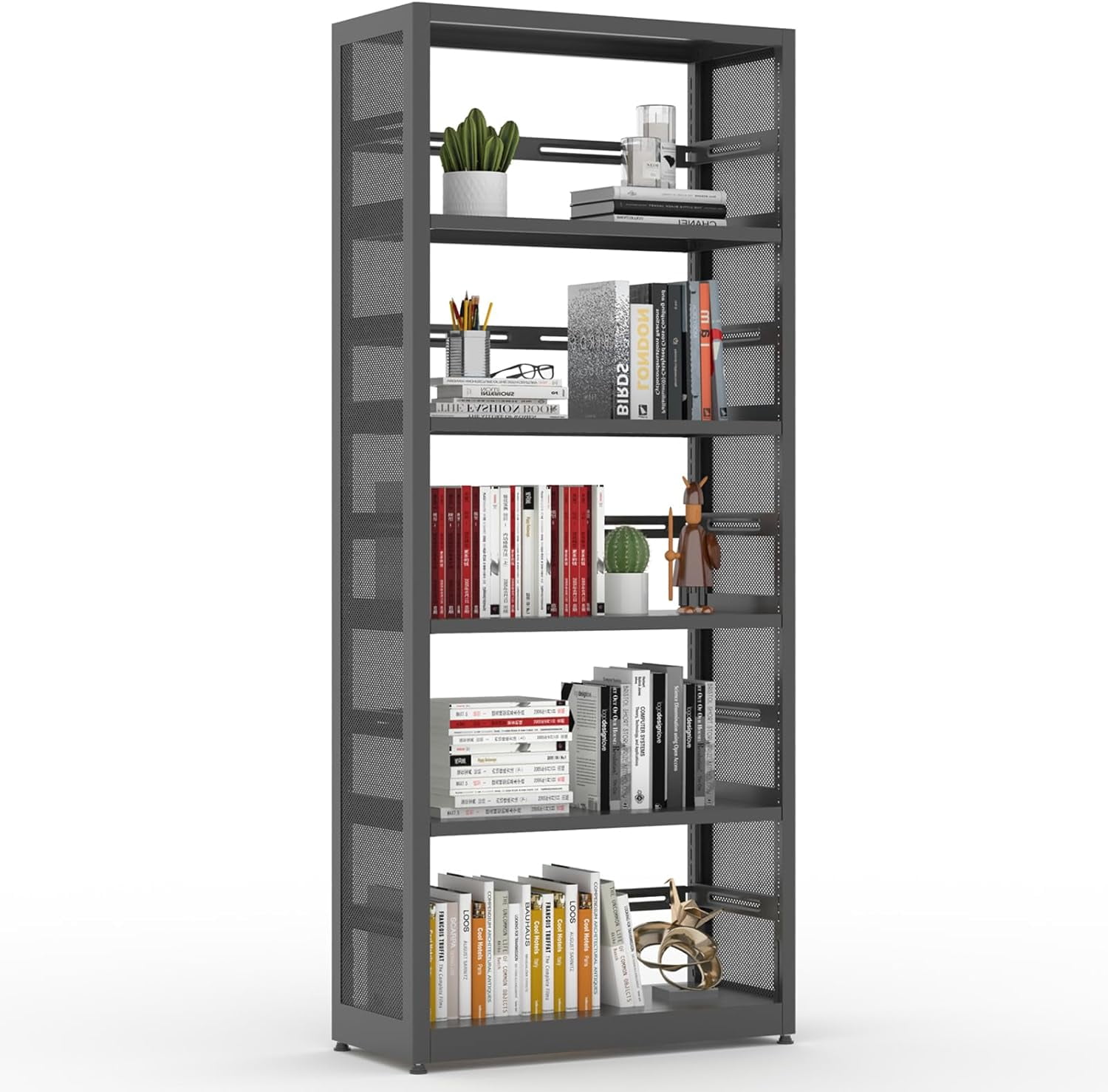 5 Tier Bookshelf,Metal Storage Shelves Black Bookcase with 4 Adjustable ...