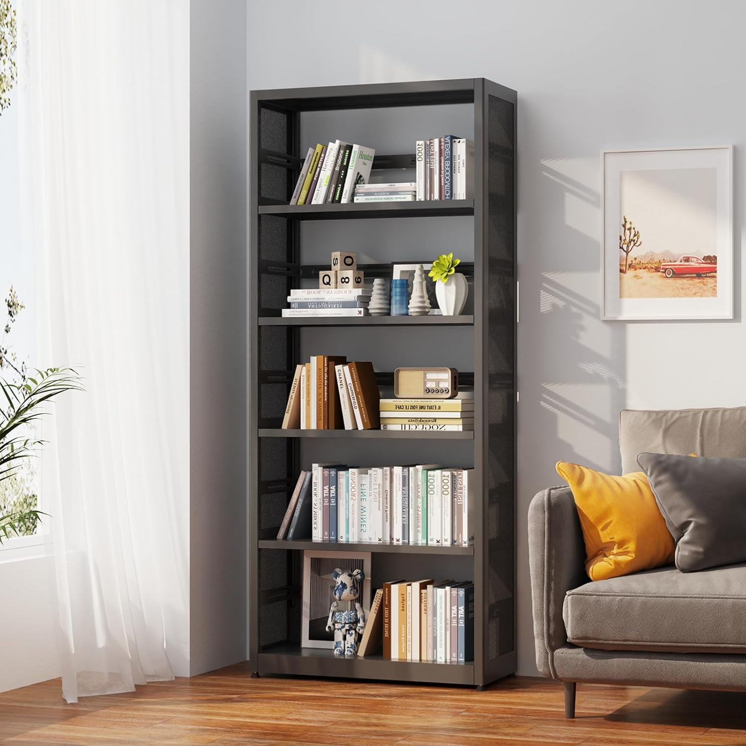 5 Tier Bookshelf,Metal Storage Shelves Black Bookcase with 5 Adjustable ...