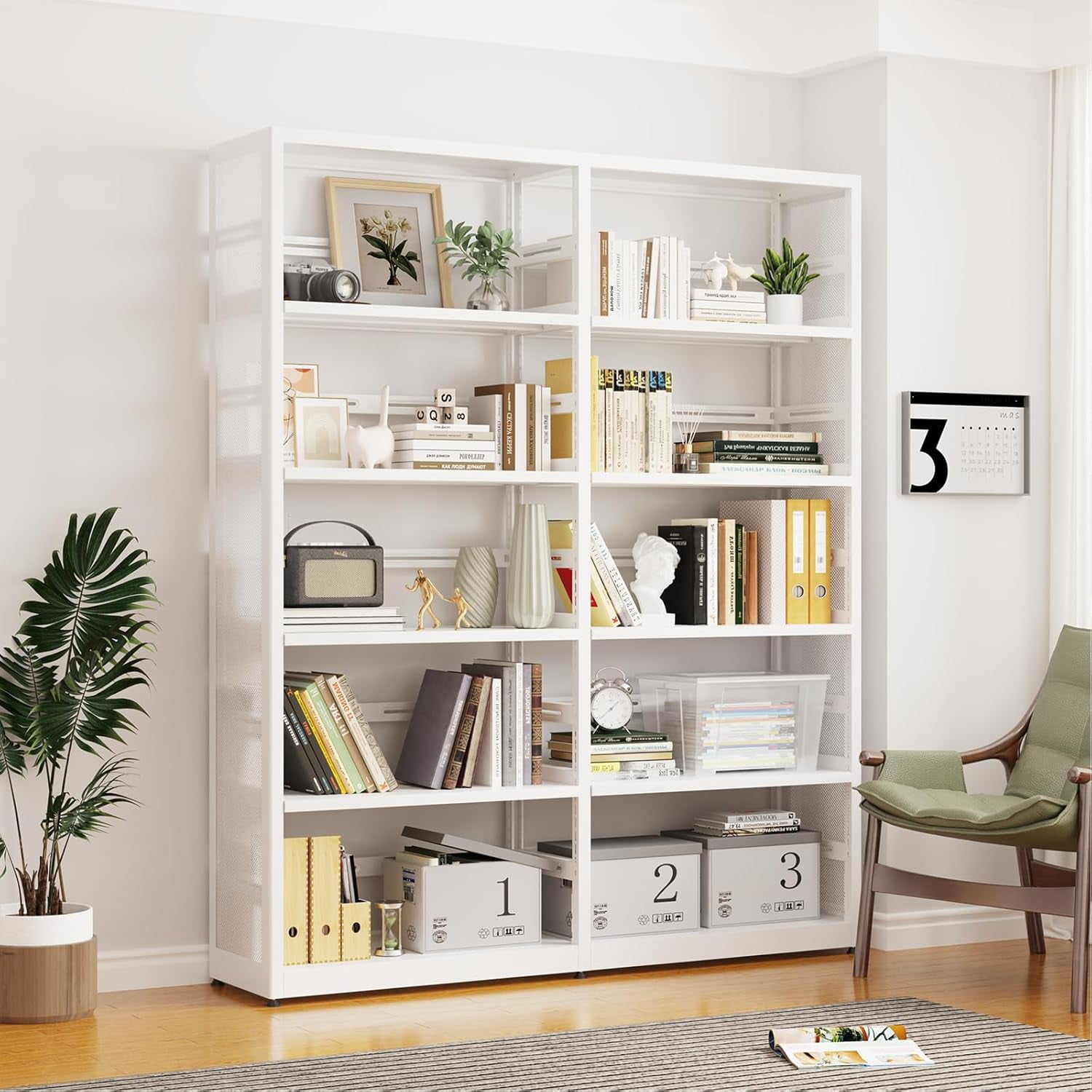 5 Tier Bookshelf,Metal Storage Shelves White Bookcase with 4 Adjustable ...