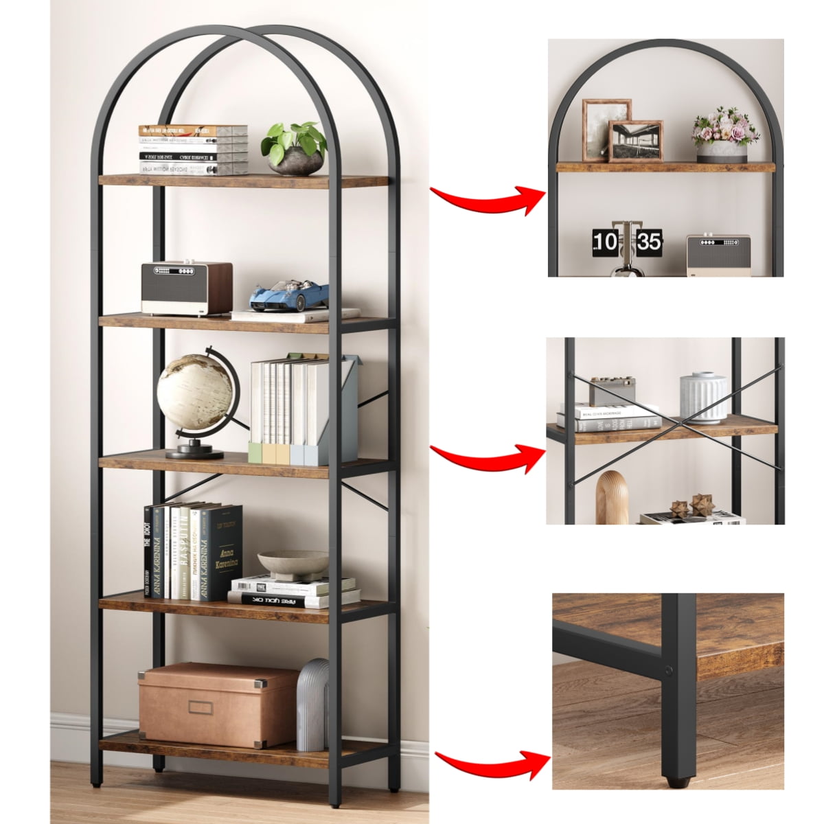 5 Tier Bookshelf, Modern Bookcase Arched Display Rack Storage Rack Tall ...