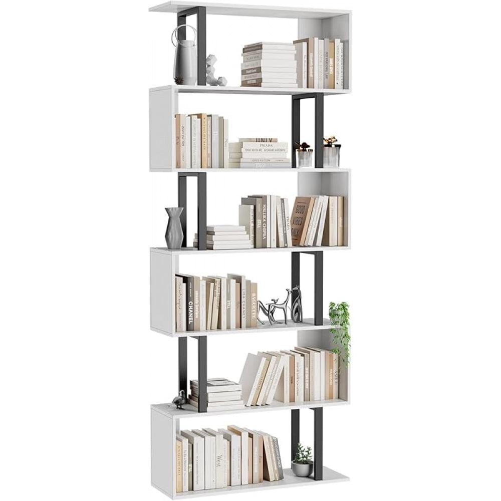 5-Tier Bookshelf, Narrow S-Shaped Geometric Bookcase, Wood Decorative ...