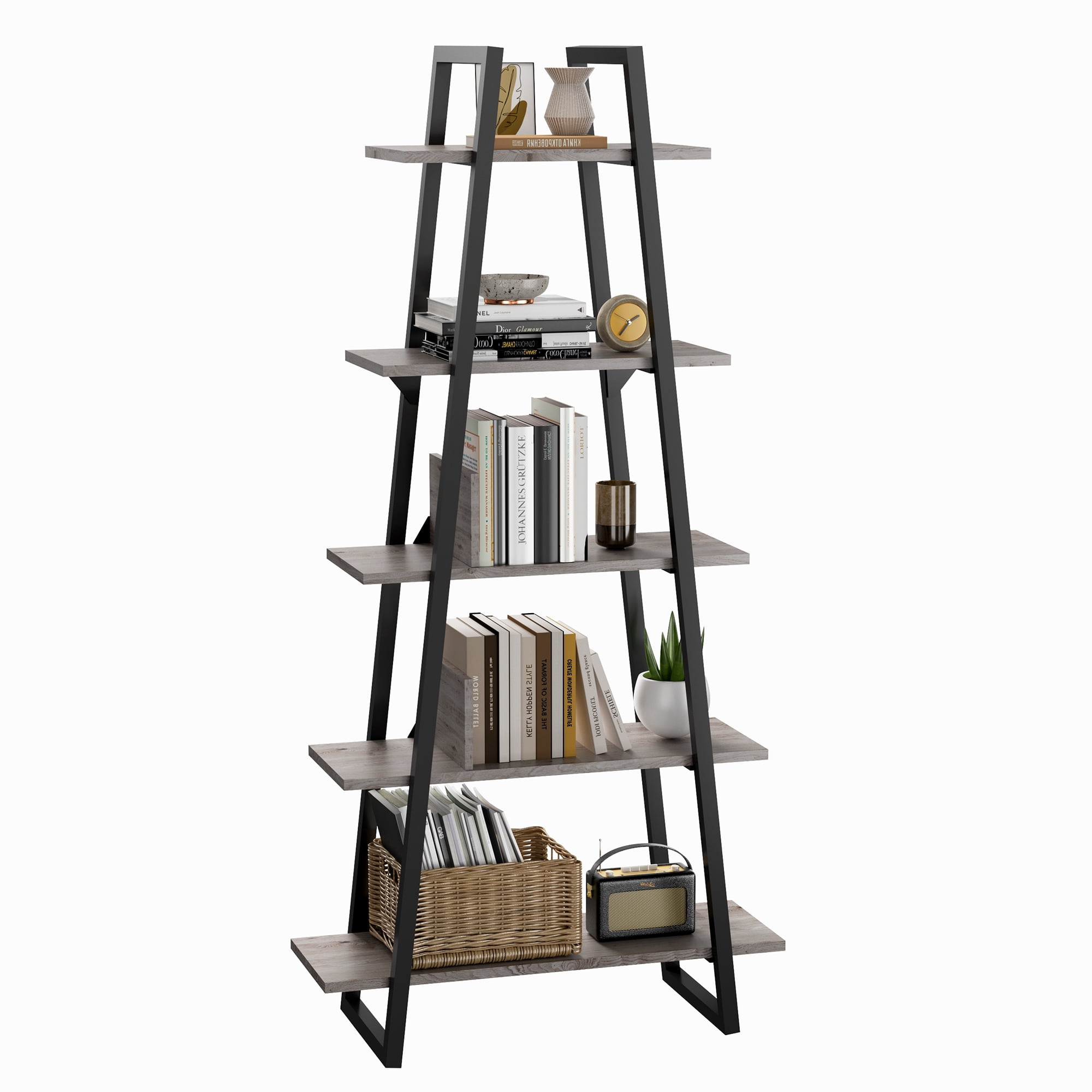 5 Tier Bookshelf,New Rustic Wood Ladder Bookshelf, Industrial Style ...